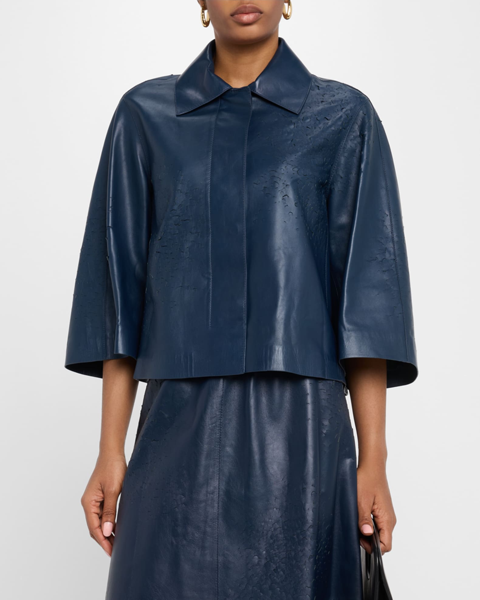 Lafayette 148 New York Cropped Laser-Cut Leather Jacket | Neiman Marcus