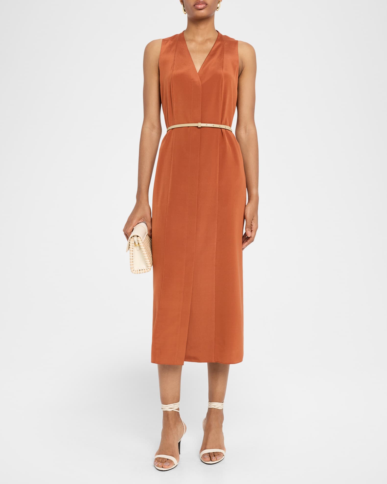 Lafayette 148 New York Sleeveless Stretch Silk Midi Dress with Leather ...