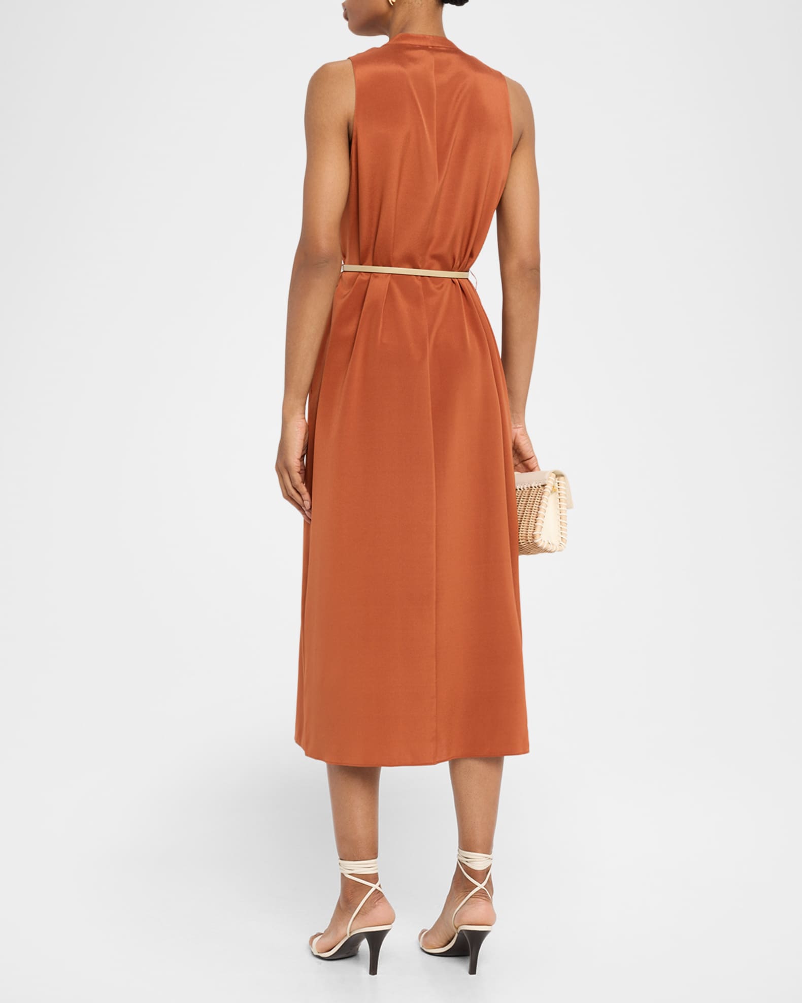 Lafayette 148 New York Sleeveless Stretch Silk Midi Dress with Leather ...