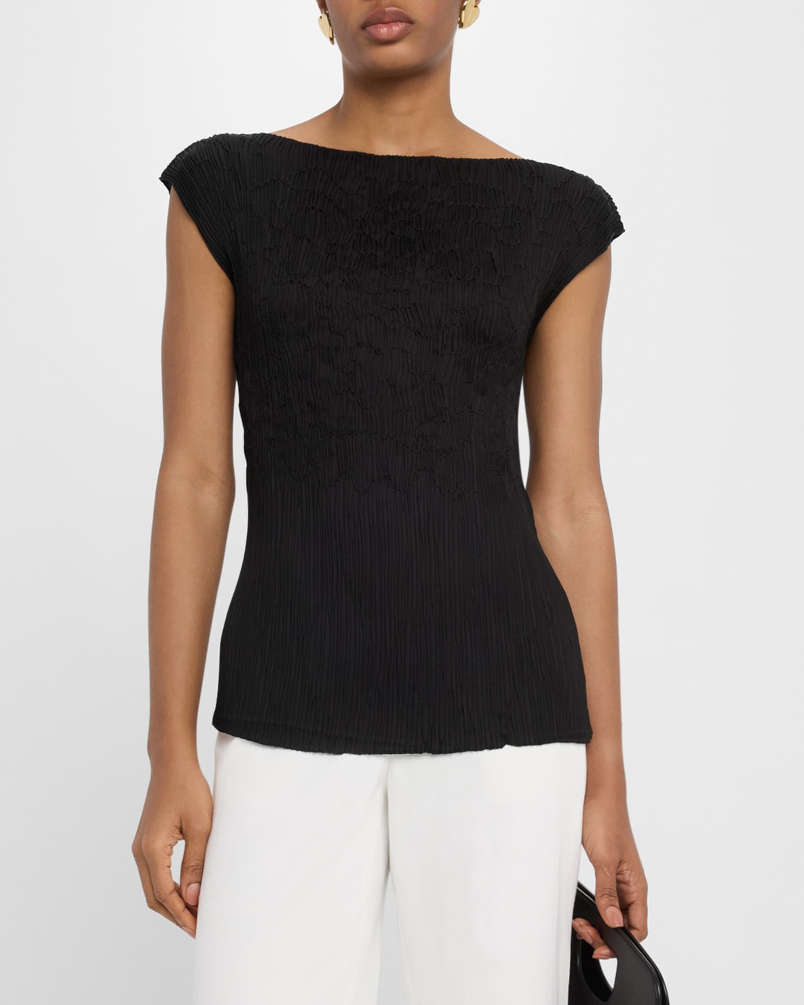 Lafayette 148 New York Cap-Sleeve Embroidered Plisse Blouse | Neiman Marcus