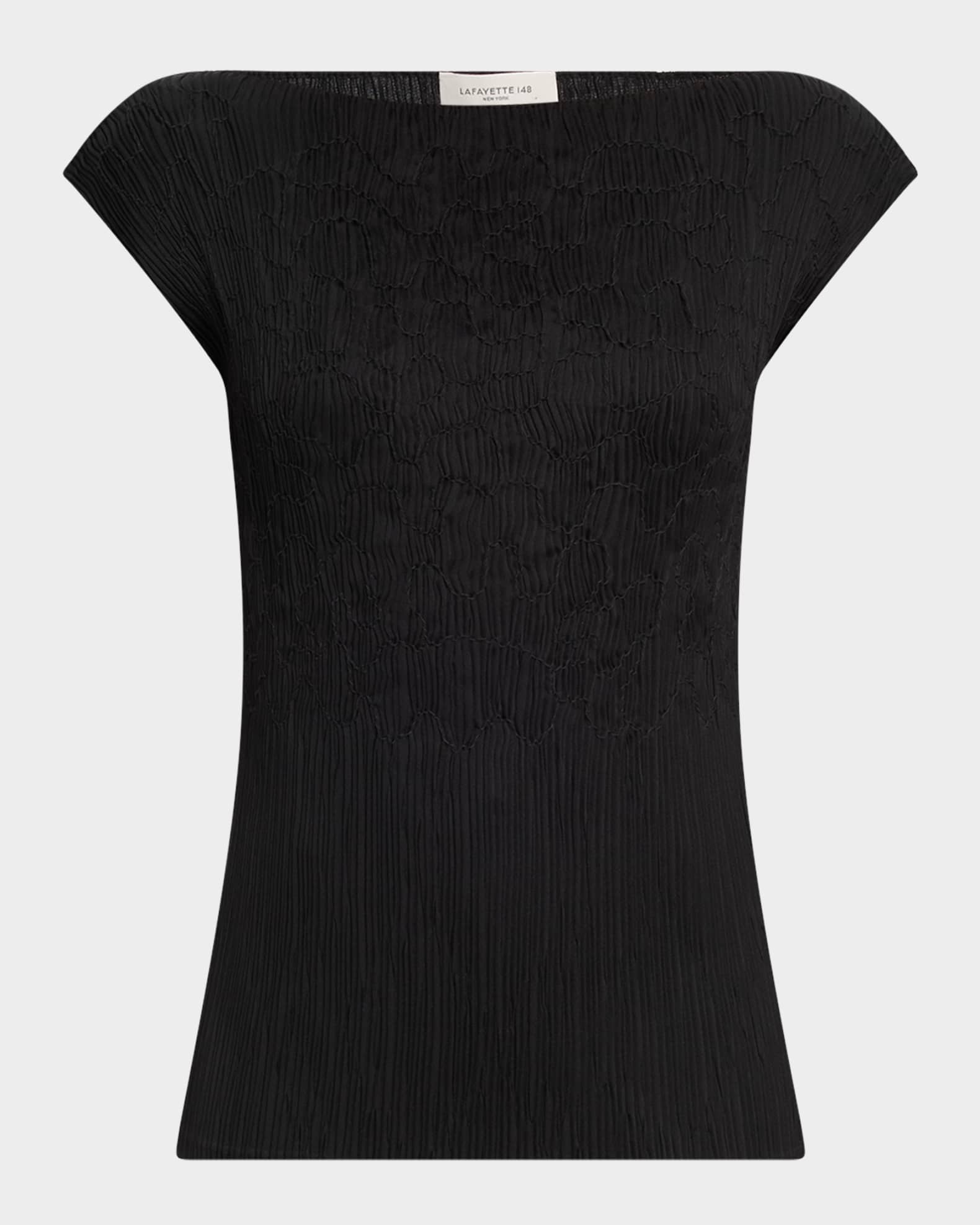 Lafayette 148 New York Cap-Sleeve Embroidered Plisse Blouse | Neiman Marcus