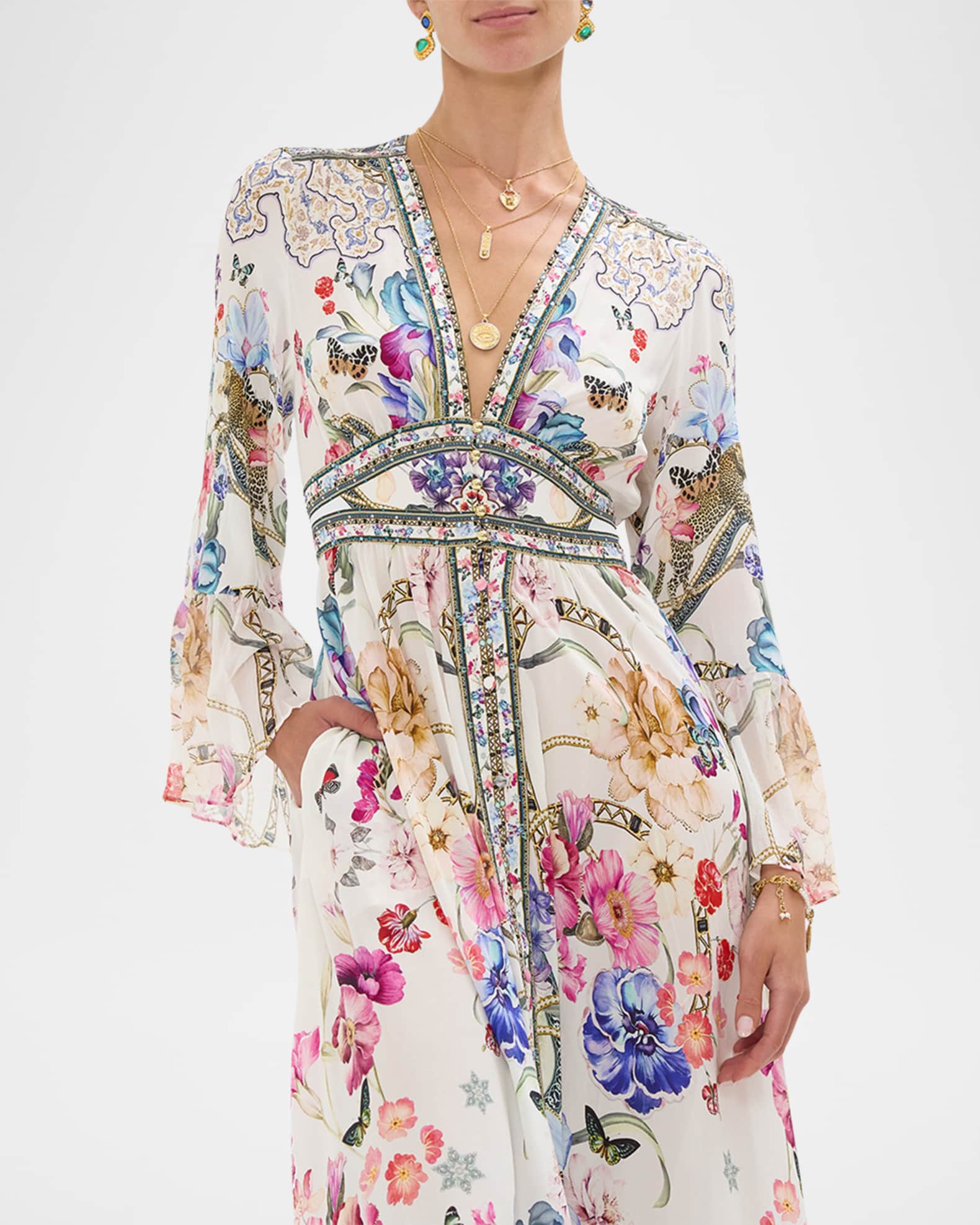 Camilla Monserrate Magic Shaped Waistband Ruffle-Sleeve Maxi Dress ...