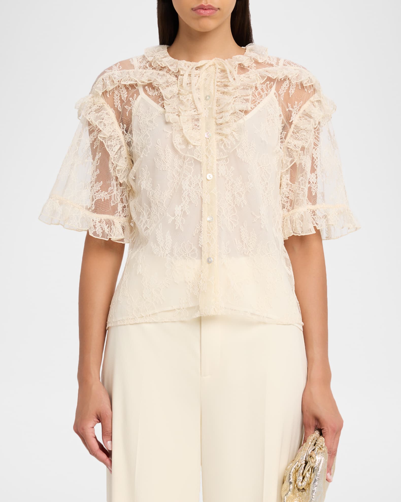 AKNVAS Kyra Button-Front Lace Top | Neiman Marcus