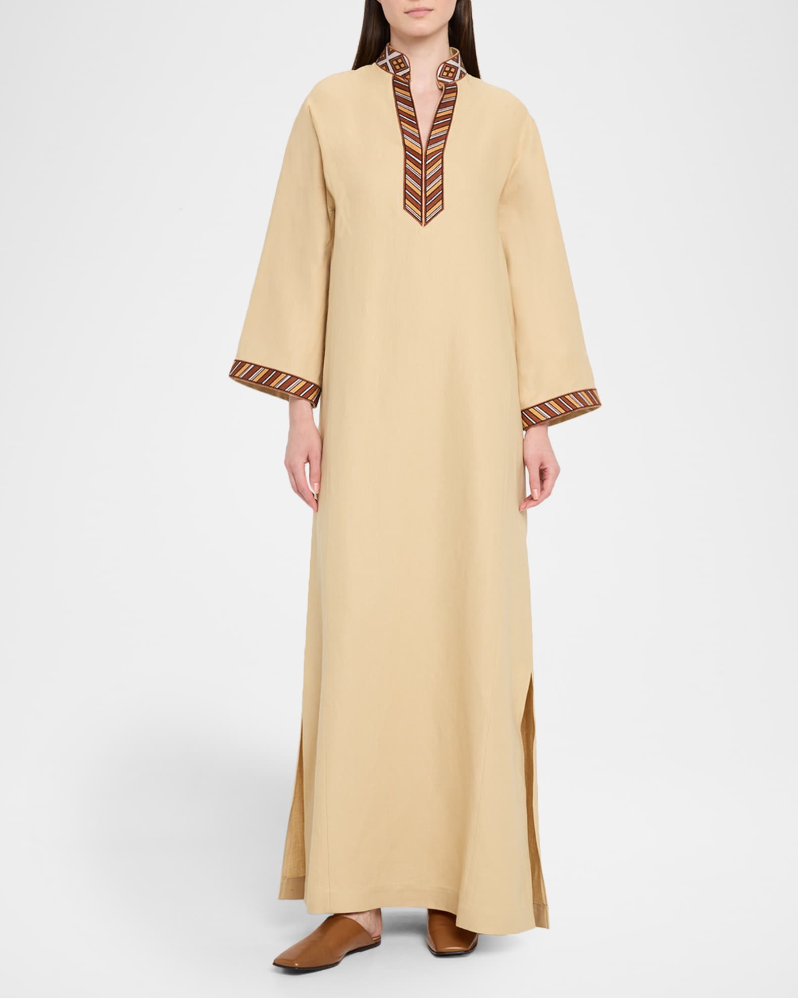 Loro Piana Tilde Stripe-Trim Long-Sleeve Maxi Dress | Neiman Marcus