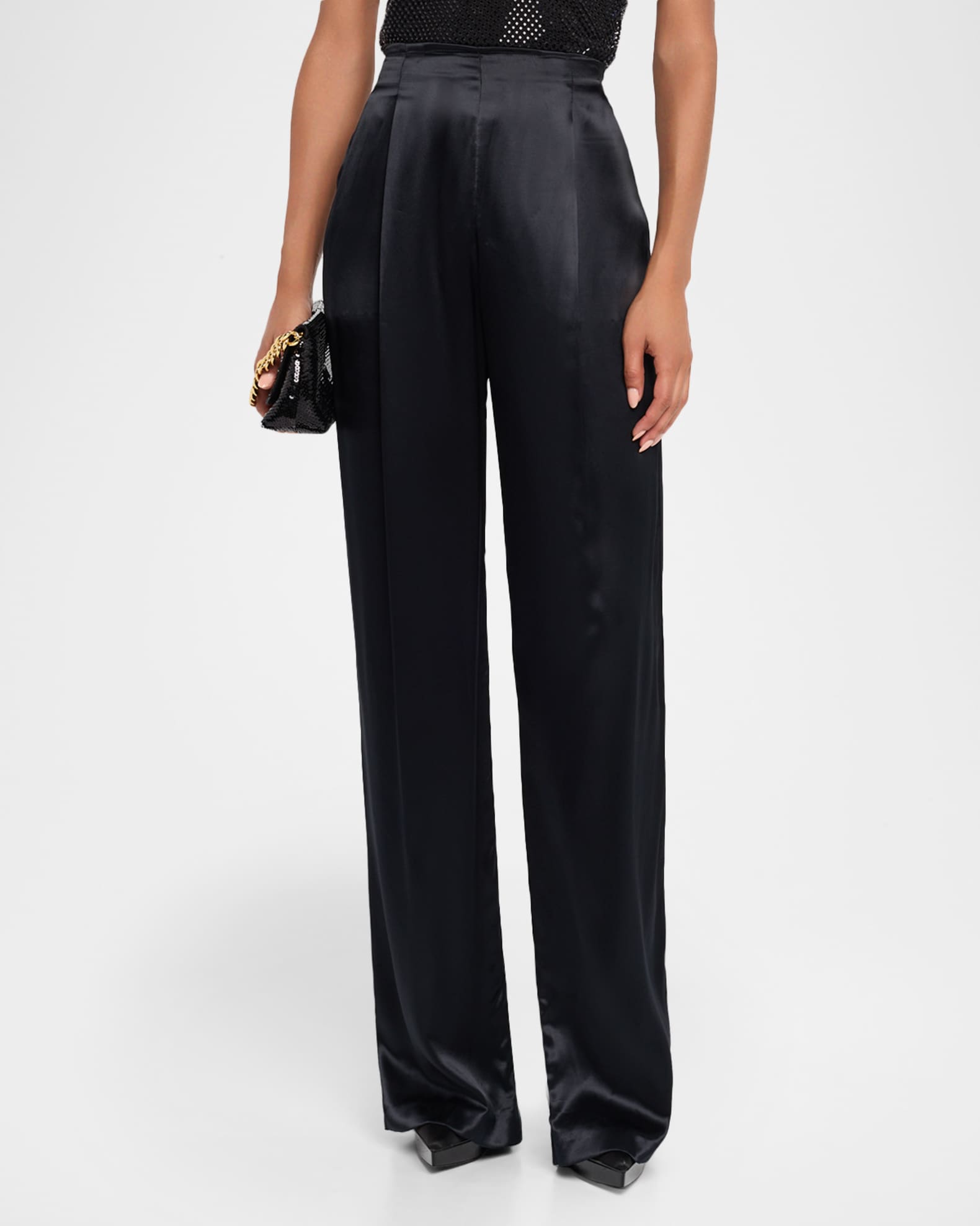 Alberta Ferretti Pleated Satin Straight-Leg Trousers | Neiman Marcus
