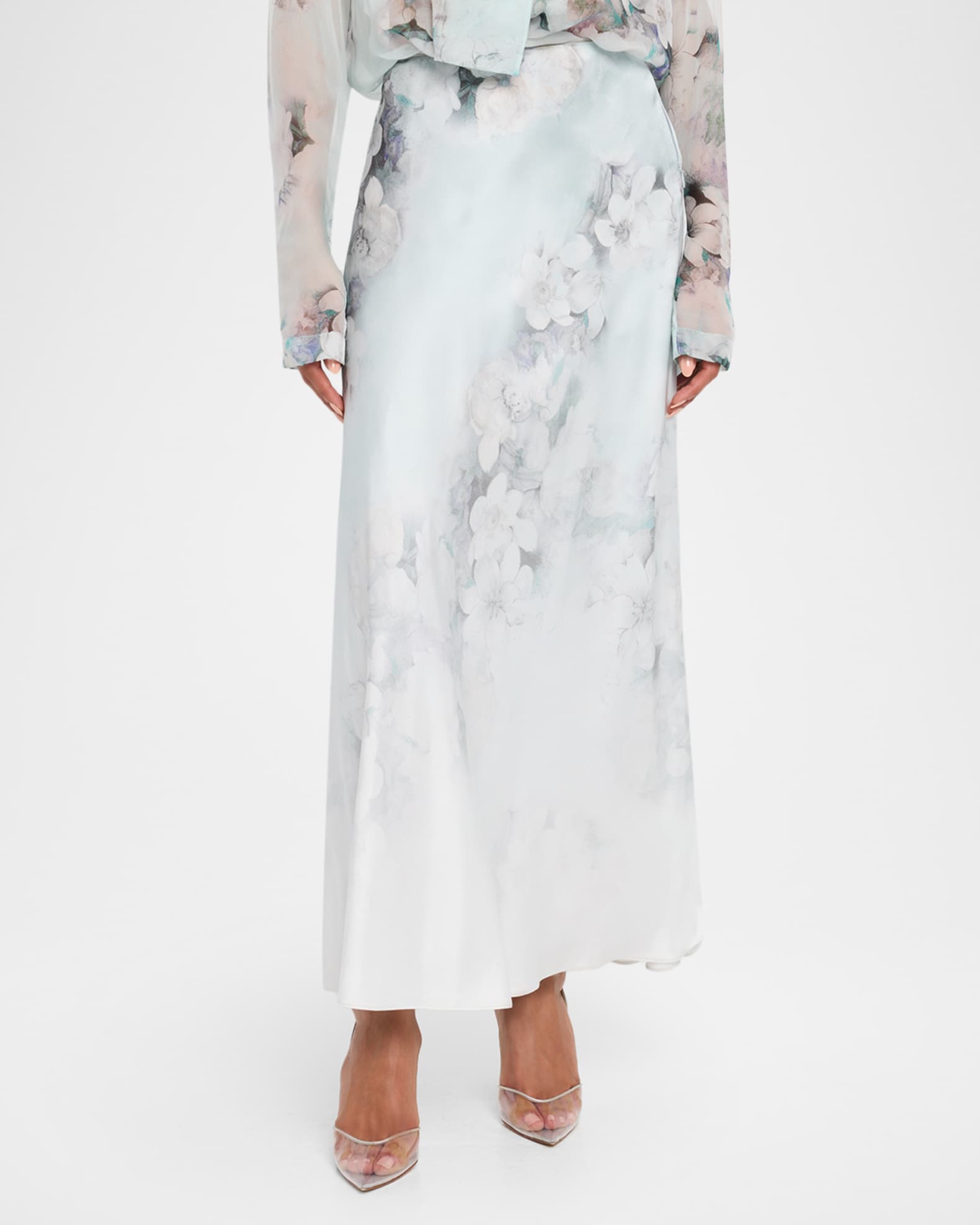 Alberta Ferretti Degrade Print Washed Satin Midi Skirt | Neiman Marcus