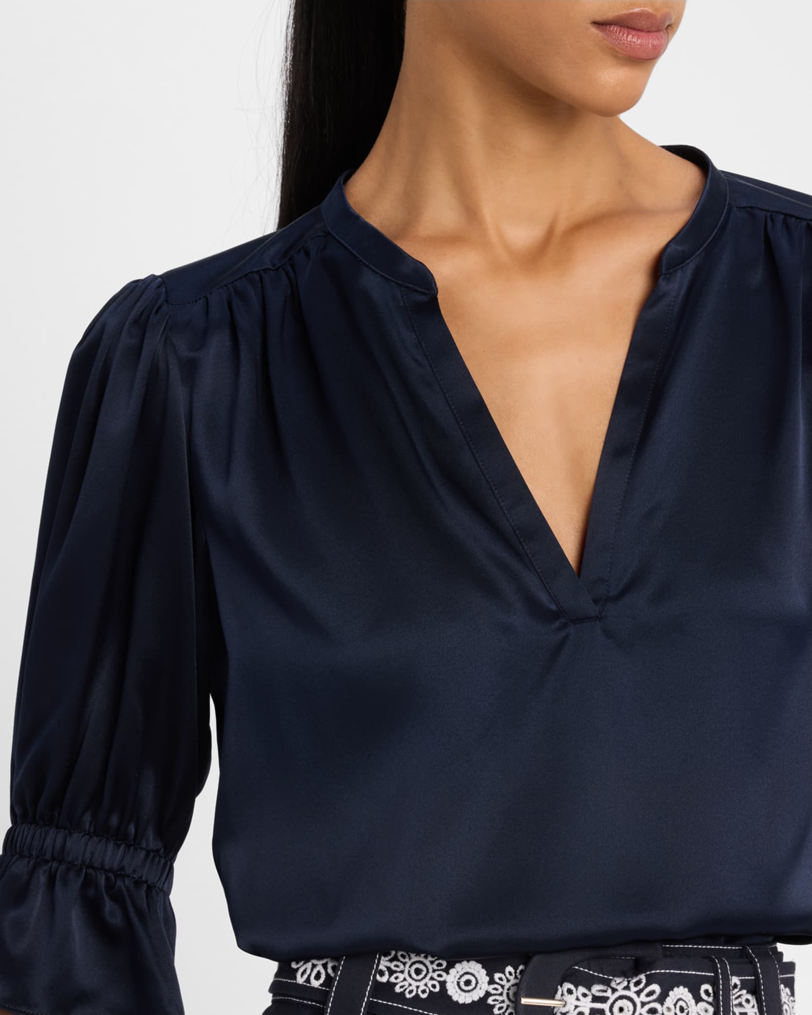 Cinq a Sept Fiona Silk Split-Neck Top | Neiman Marcus