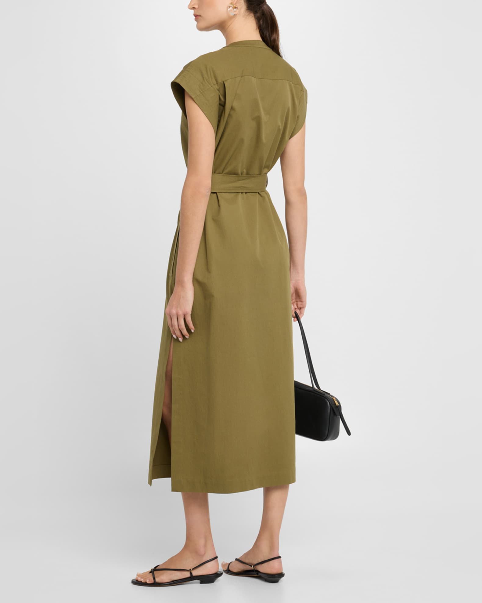 ARGENT Belted Cap-Sleeve Cotton Twill Midi Shirtdress | Neiman Marcus