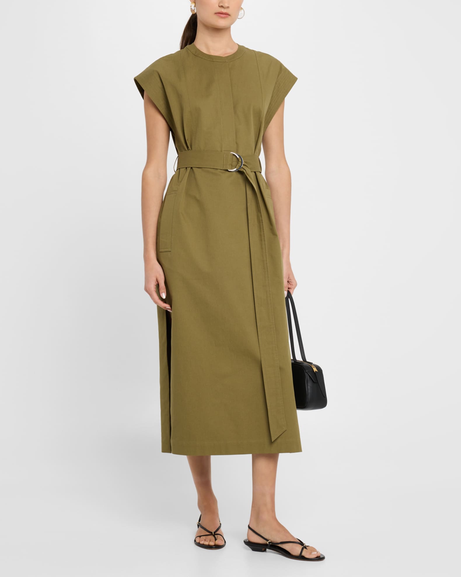 ARGENT Belted Cap-Sleeve Cotton Twill Midi Shirtdress | Neiman Marcus