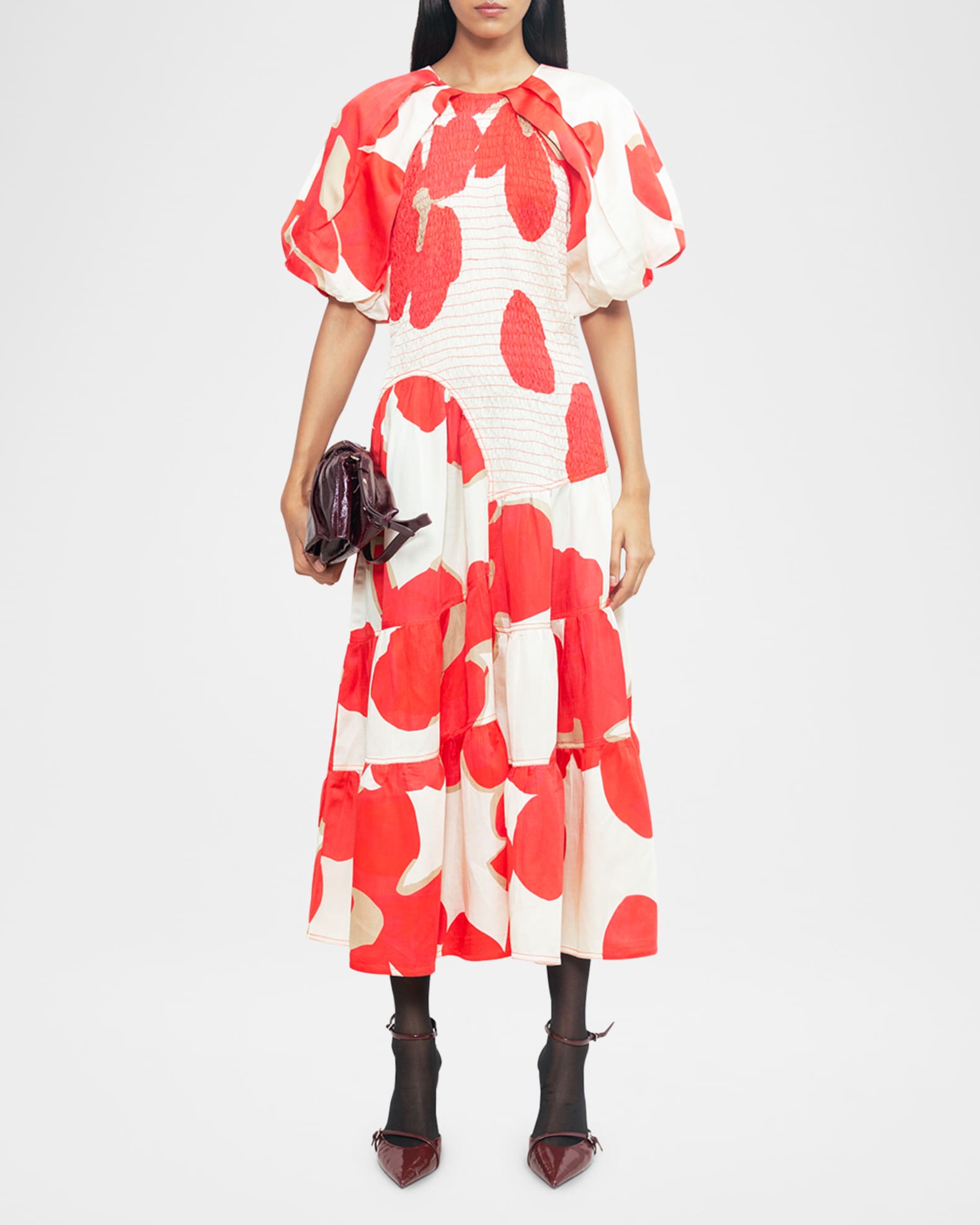 LOVEBIRDS Valencia Smocked Floral-Print Midi Dress | Neiman Marcus