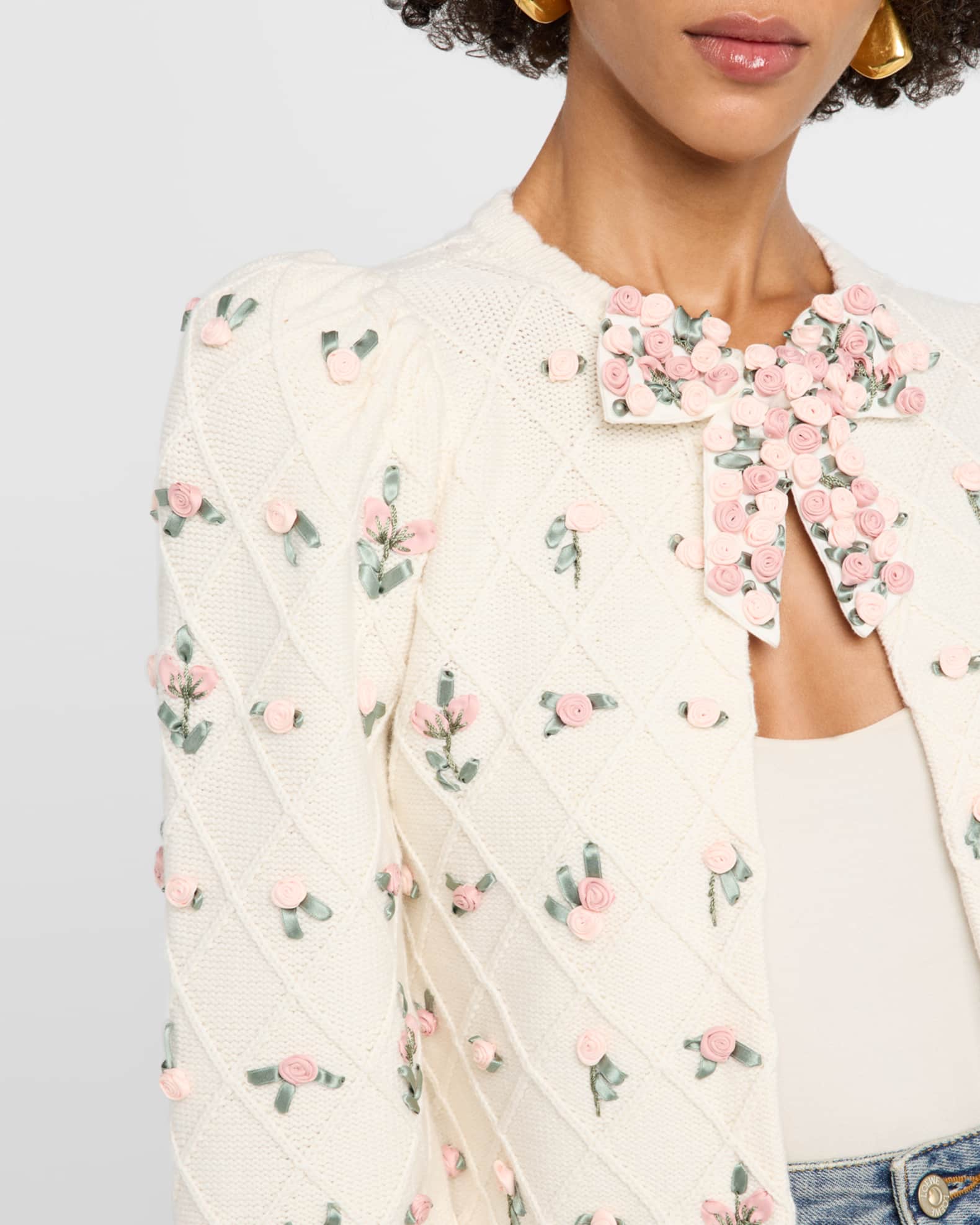 Alice + Olivia Kitty Floral Puff-Sleeve Cardigan | Neiman Marcus Alice + Olivia Kitty Floral Puff-Sleeve Cardigan | Neiman Marcus
