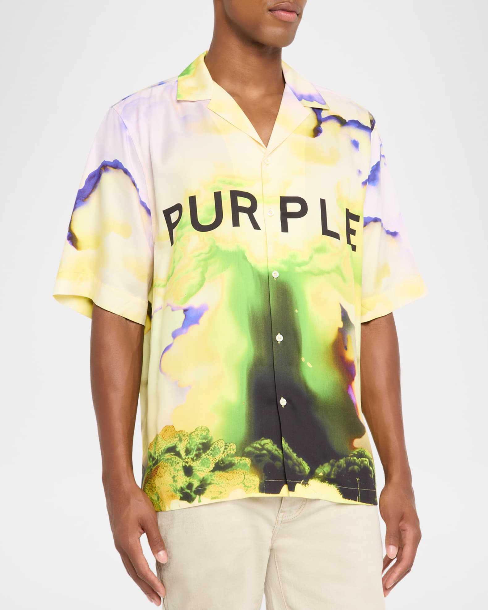 PURPLE Men's Lyocell Relaxed Fit Logo Camp Shirt | Neiman Marcus