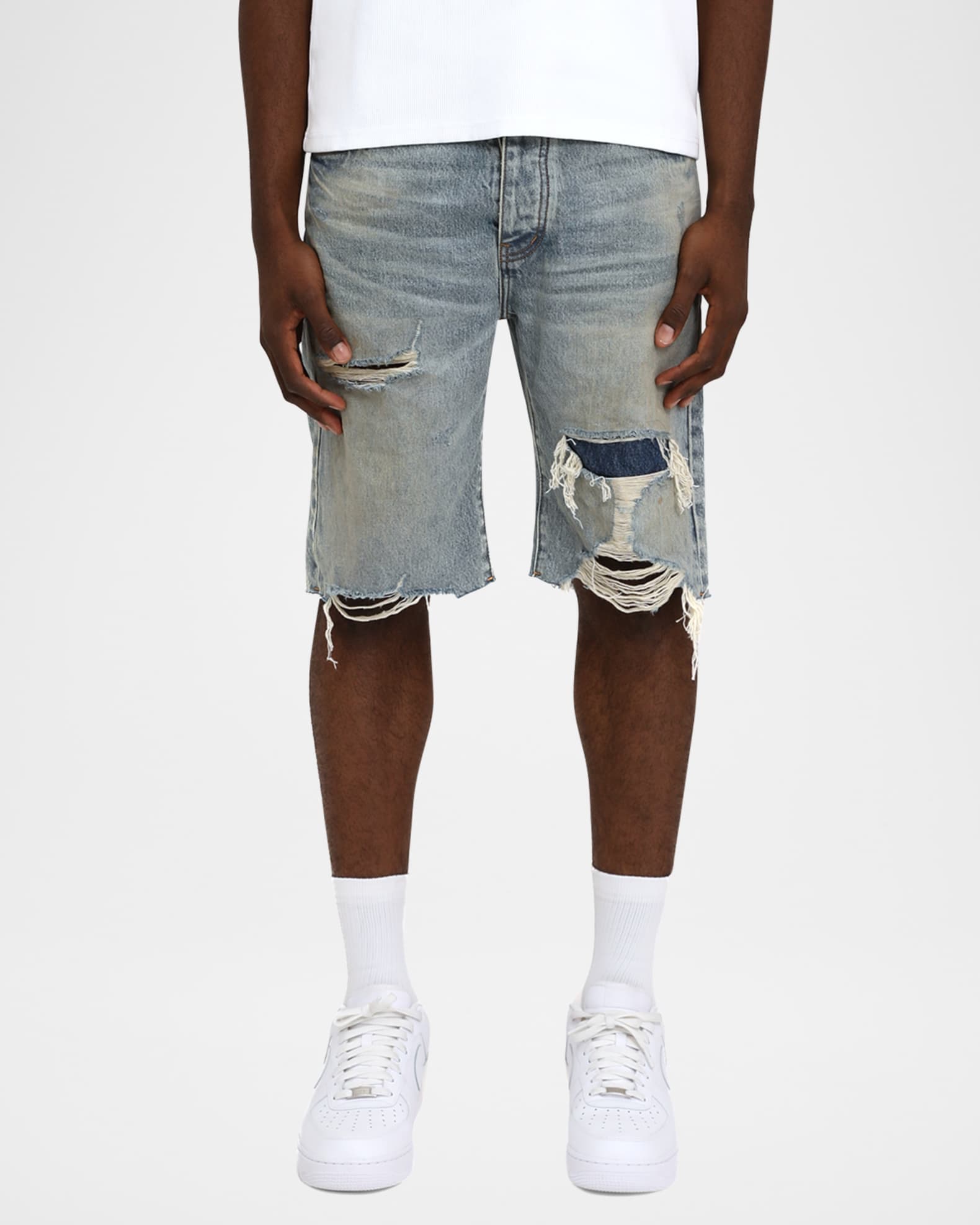 PURPLE Men's Faros Distressed Cotton Denim Shorts | Neiman Marcus