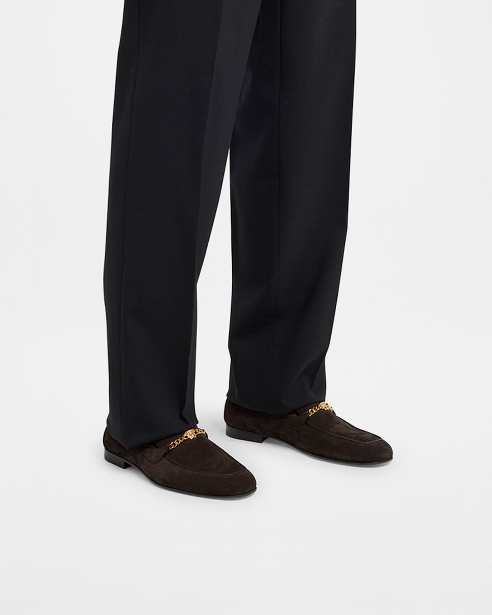 Versace Men's Suede Medusa Chain Bit Loafers | Neiman Marcus