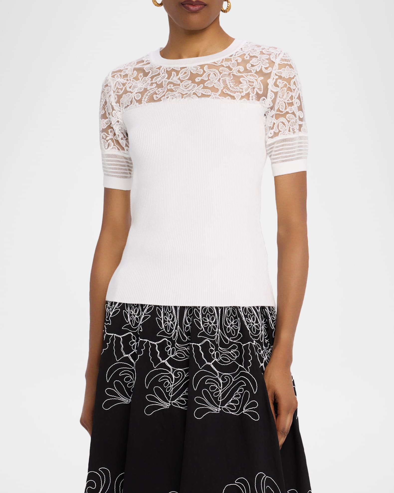 Elie Tahari The Stephanie Ribbed Embroidered-Yoke Top | Neiman Marcus