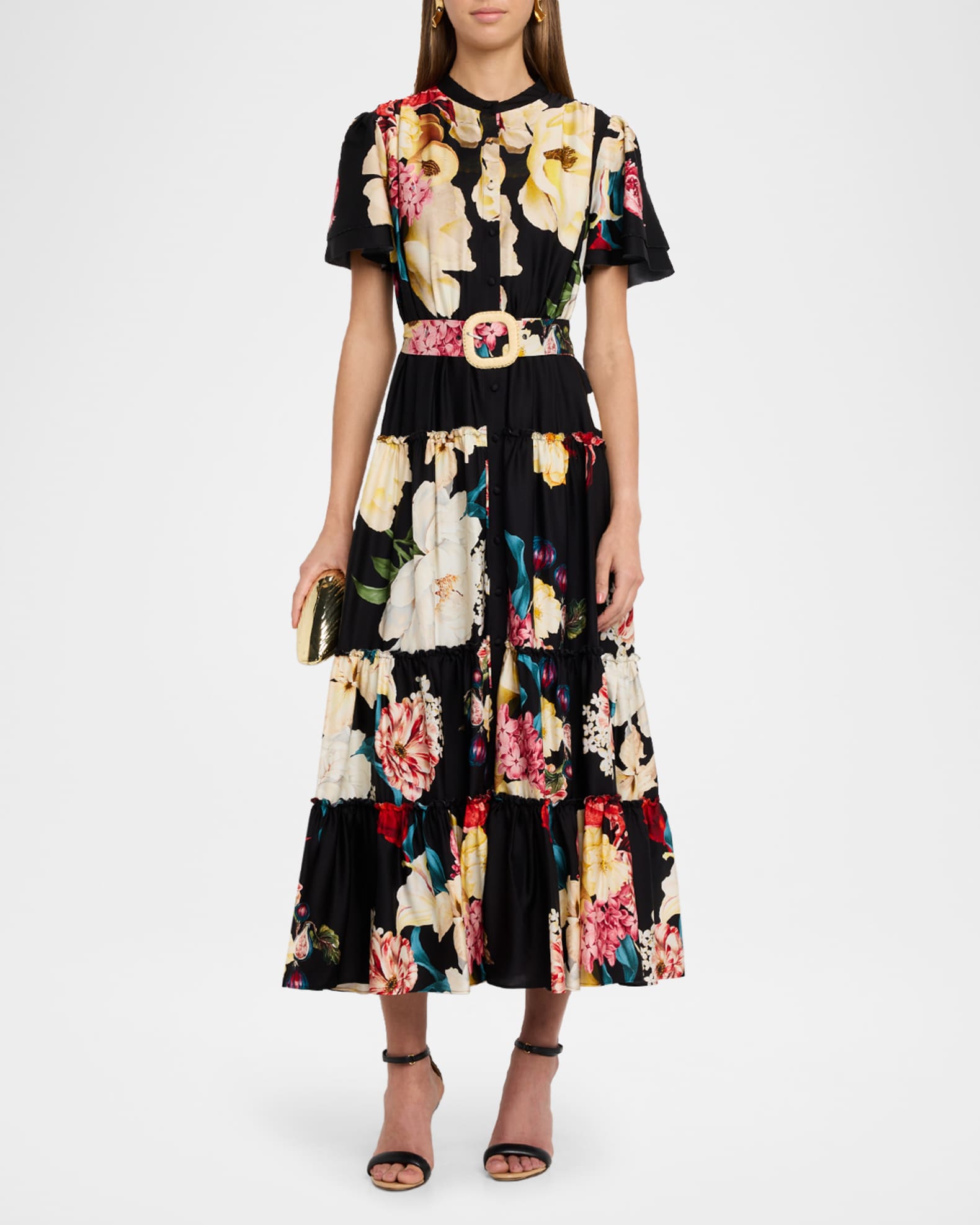 Elie Tahari The Sammie Tiered Floral-Print Midi Dress | Neiman Marcus