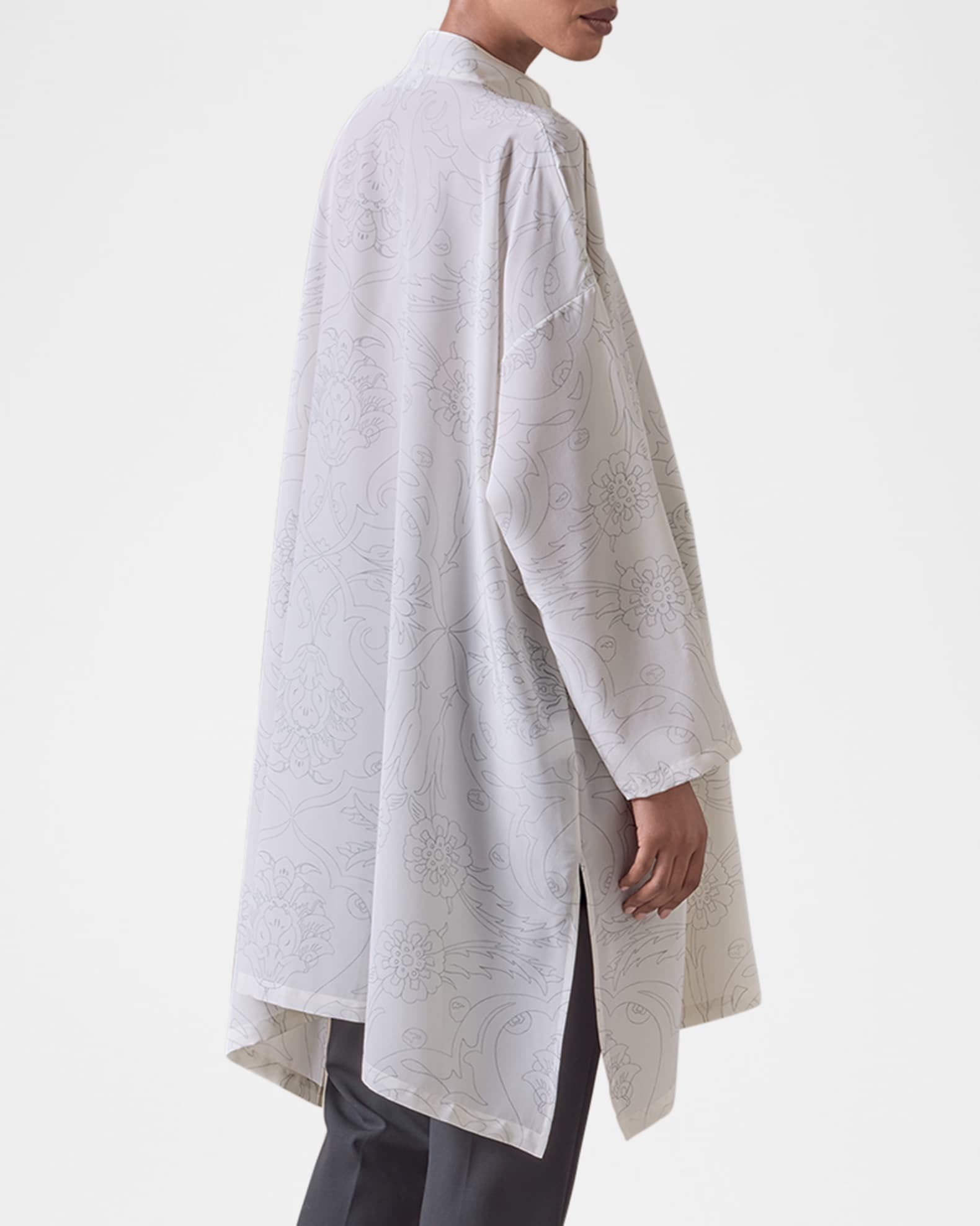 Eskandar Tile-Print Ottoman Wide A-Line Collarless Shirt With Slits ...