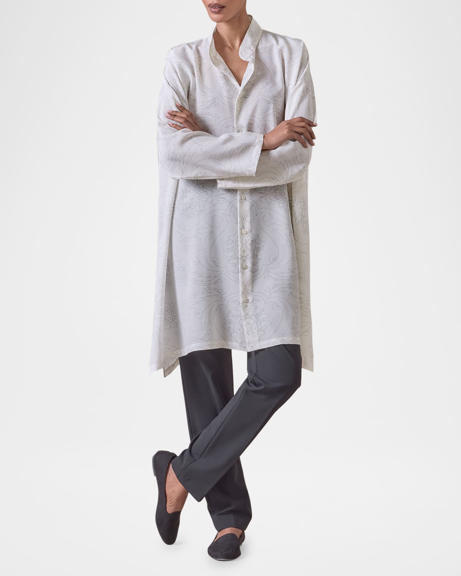 Eskandar Tile-Print Ottoman Wide A-Line Collarless Shirt With Slits ...