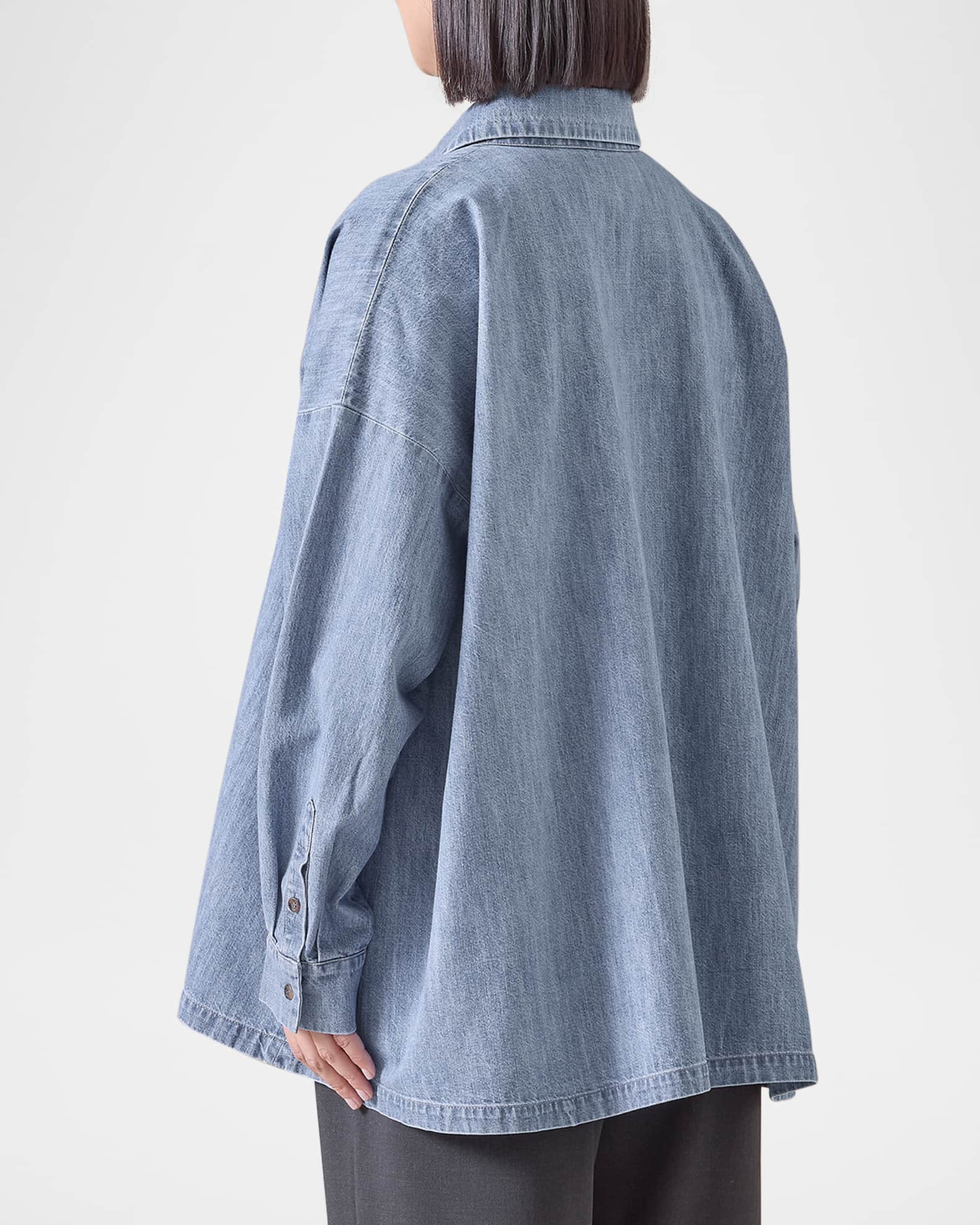 Eskandar Angled-To-Front Side Seam Denim Shirt With Collar (Long Length ...