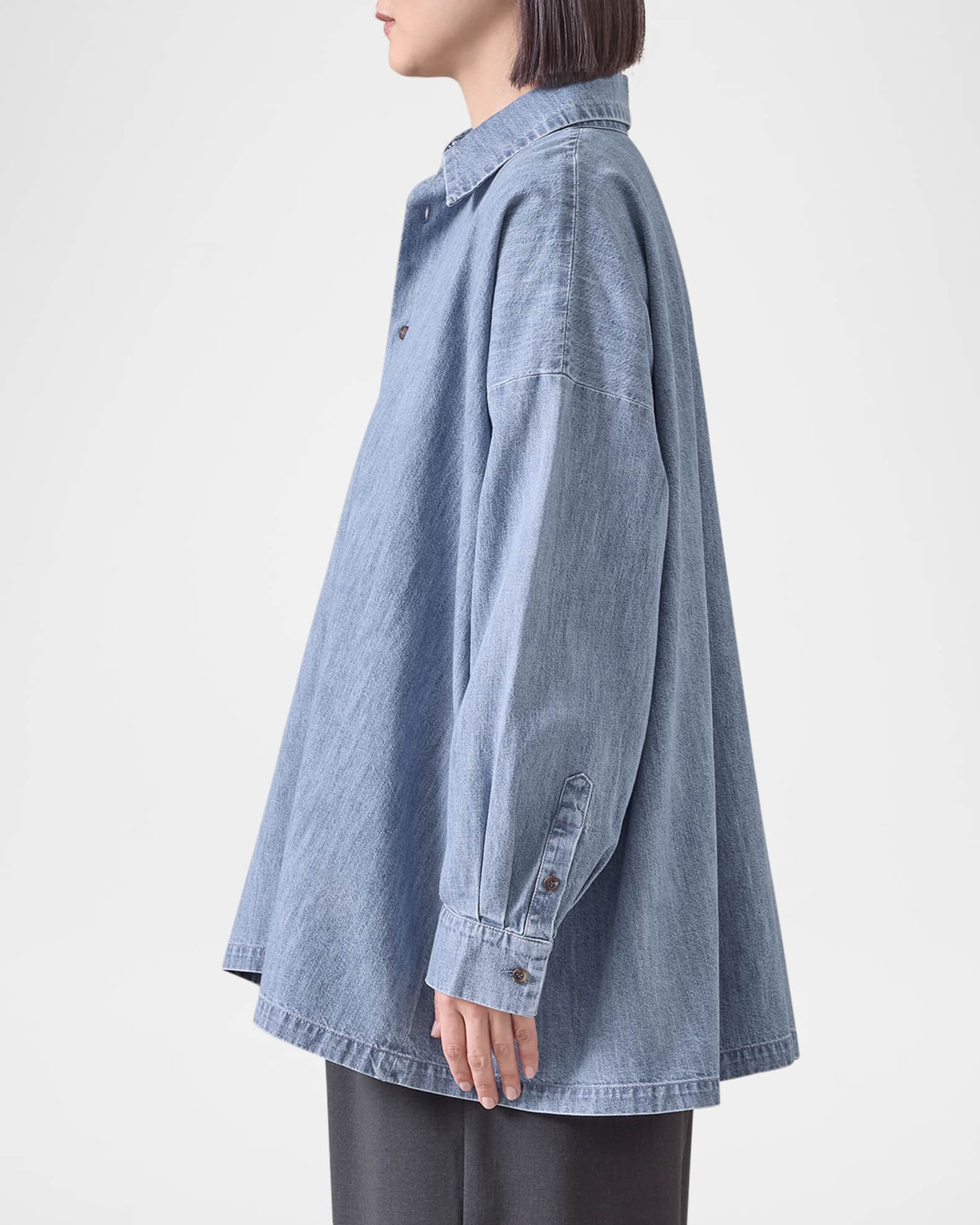 Eskandar Angled-To-Front Side Seam Denim Shirt With Collar (Long Length ...