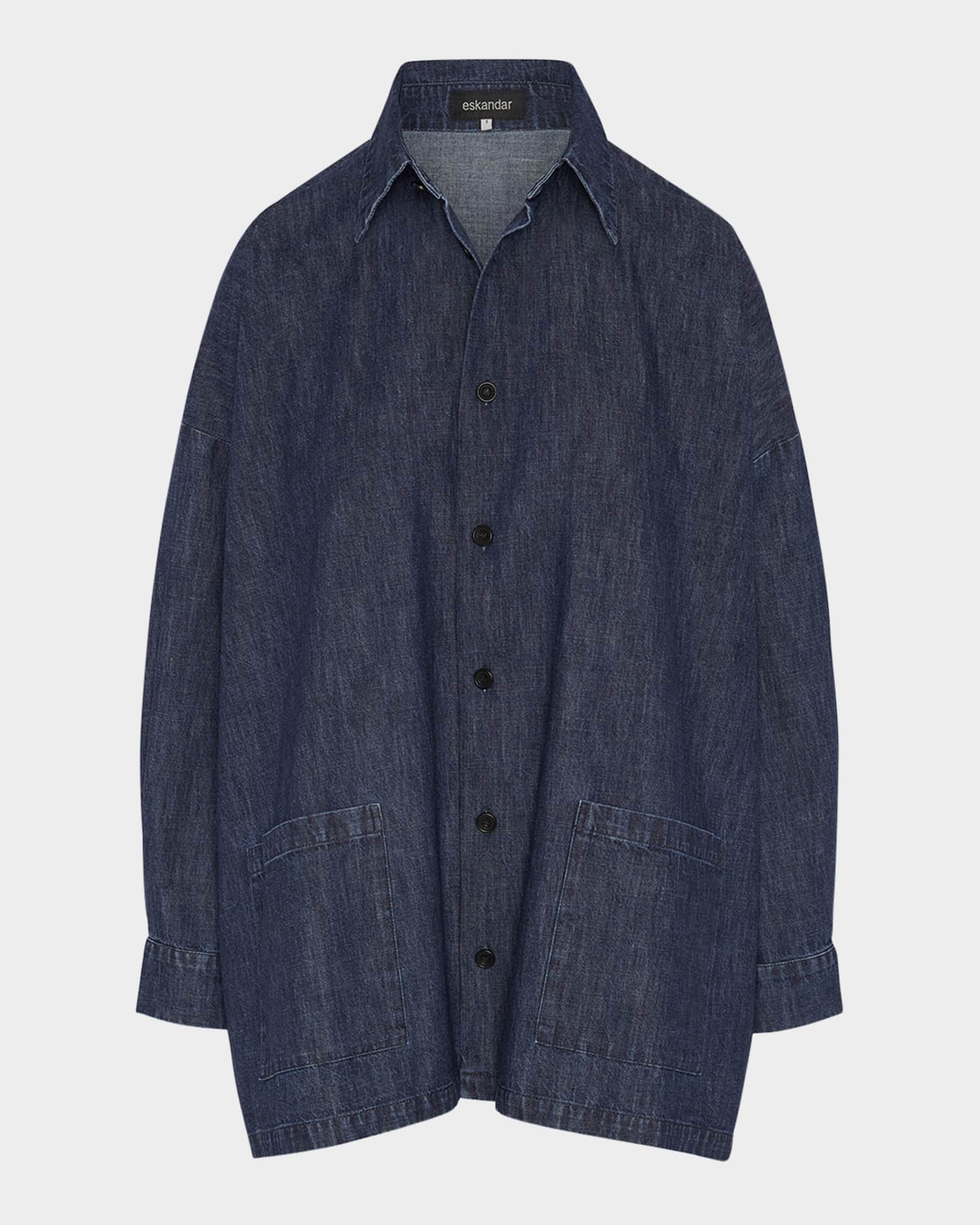 Eskandar Denim Wide A-Line Shirt Jacket With Collar (Long Length ...
