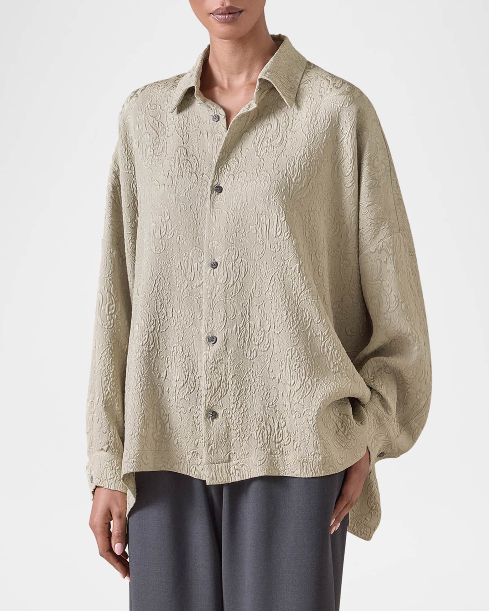 Eskandar Damask Cloque Wide Longer-Back Shirt With Collar (Mid Plus ...