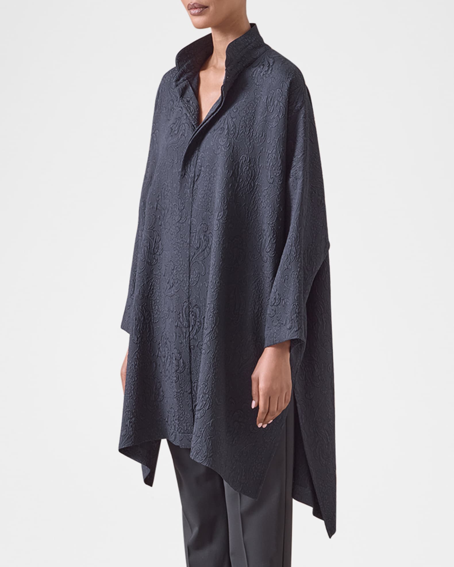 Eskandar Damask Cloque Wide Longer-Back Double Stand-Collar Shirt With ...