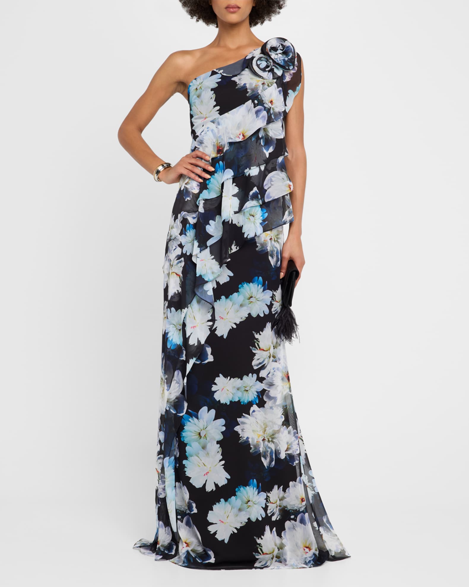 Rickie Freeman for Teri Jon One-Shoulder Ruffle Chiffon Gown | Neiman ...