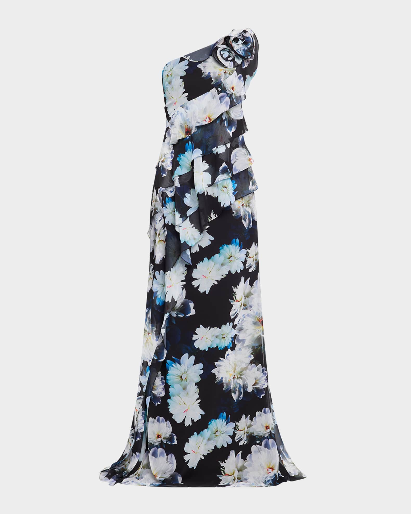 Rickie Freeman for Teri Jon One-Shoulder Ruffle Chiffon Gown | Neiman ...