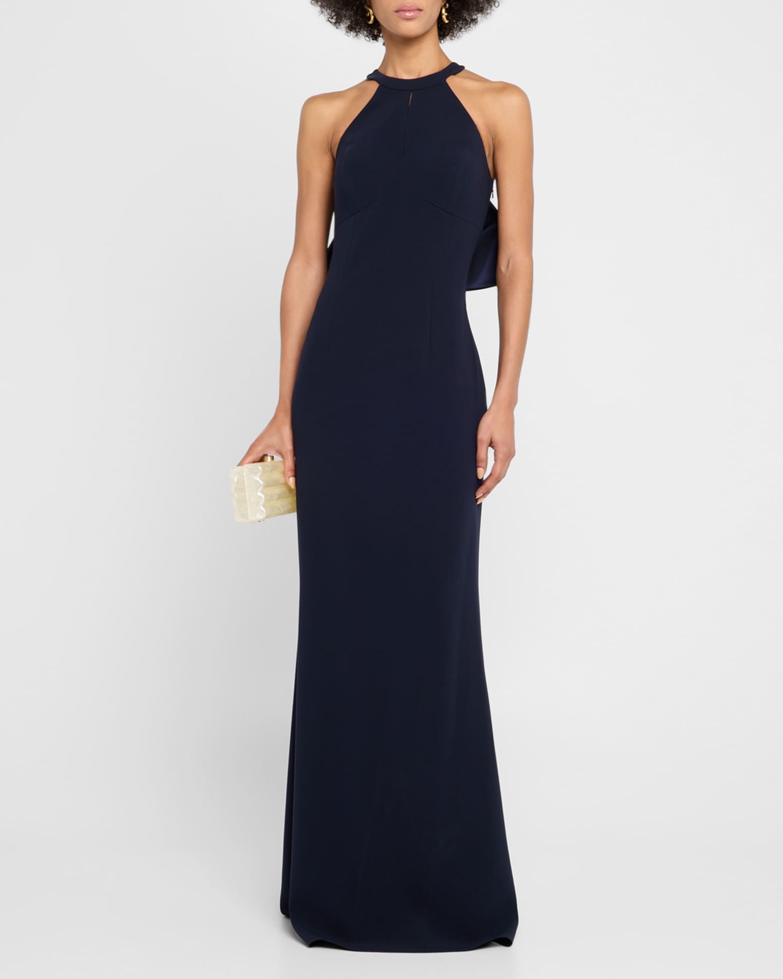 Rickie Freeman for Teri Jon Bow-Back Crepe Halter Column Gown | Neiman ...