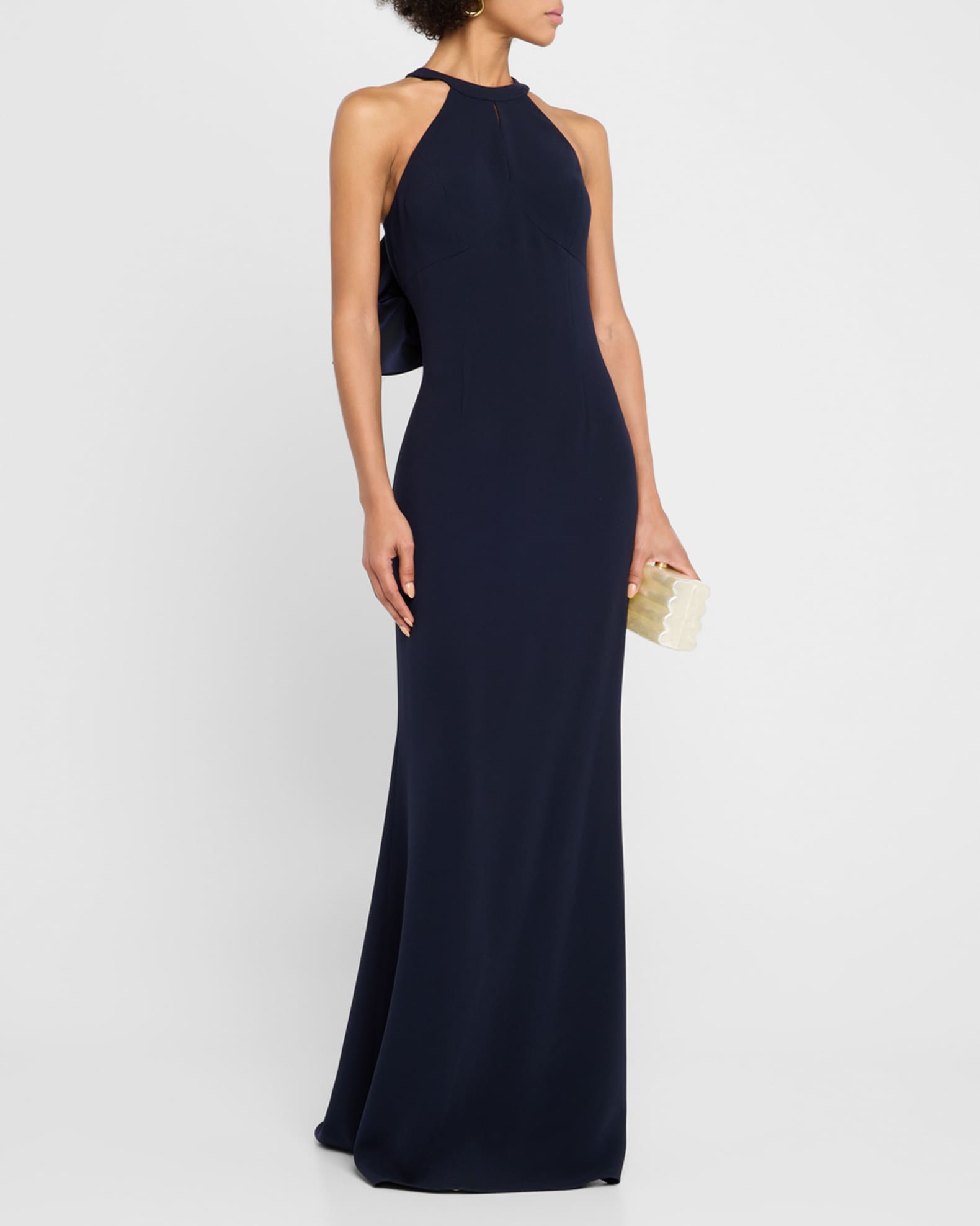 Rickie Freeman for Teri Jon Bow-Back Crepe Halter Column Gown | Neiman ...