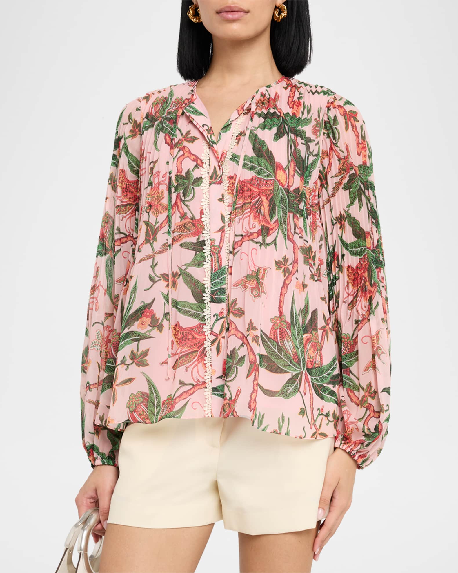 Kobi Halperin Helen Pleated Floral-Print Blouse | Neiman Marcus