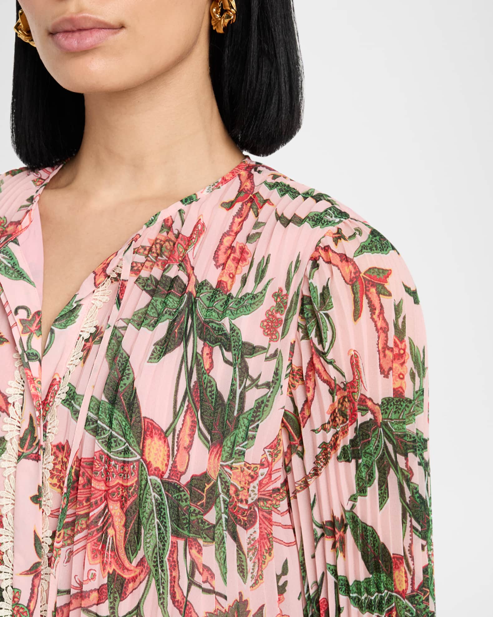 Kobi Halperin Helen Pleated Floral-Print Blouse | Neiman Marcus