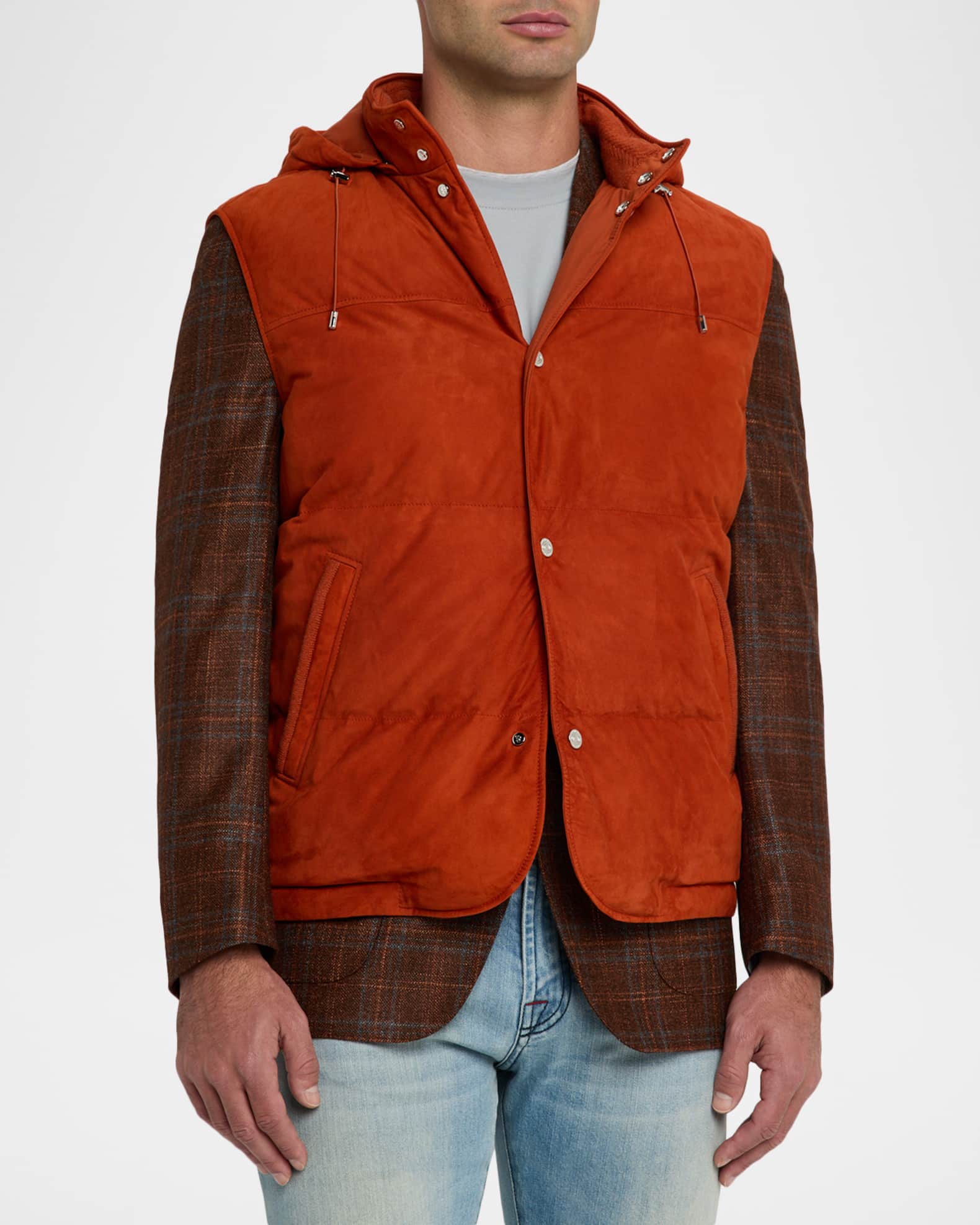 Stefano Ricci Men's Suede Hooded Snap-Front Vest | Neiman Marcus