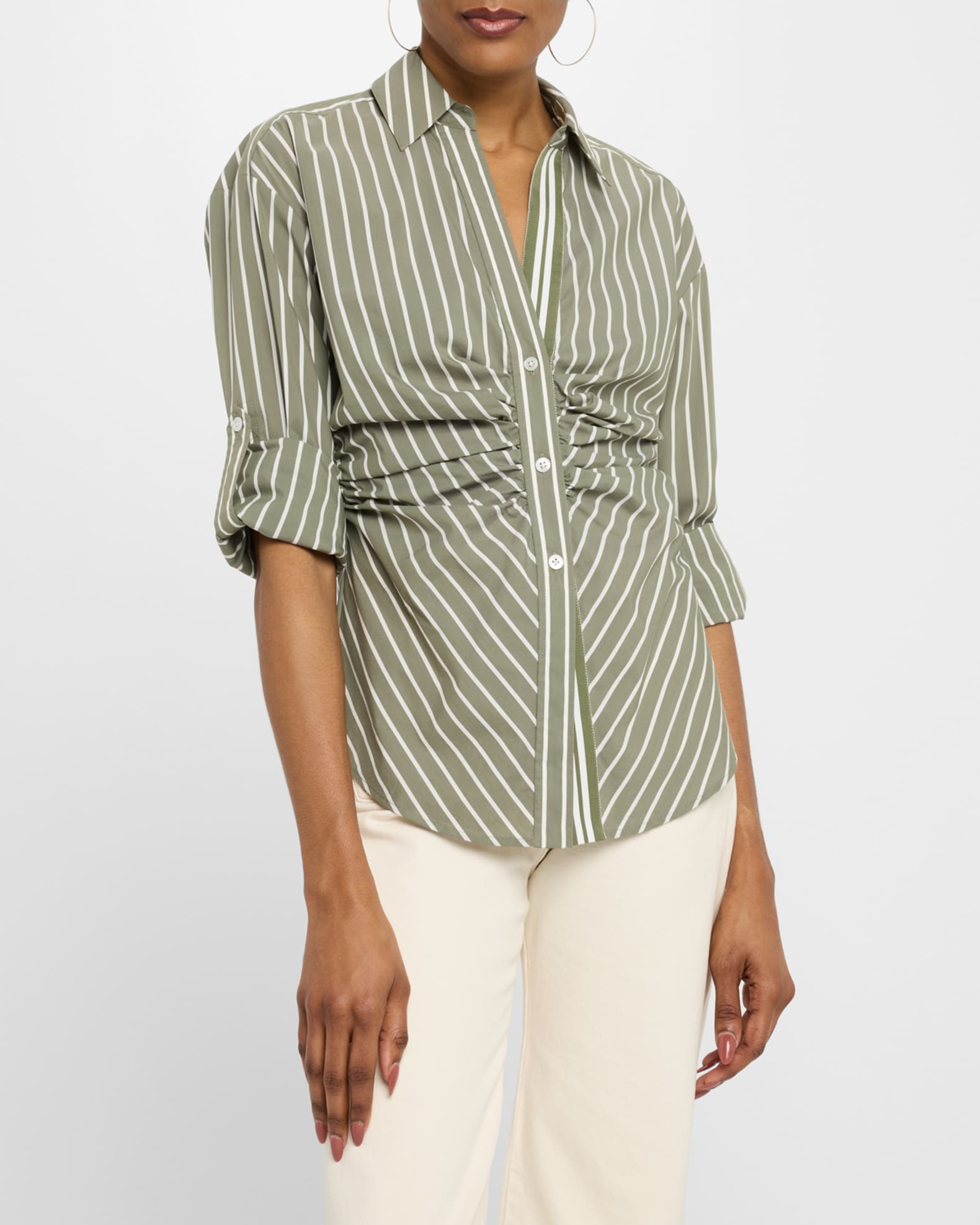 Veronica Beard Devra Stripe Long-Sleeve Gathered Top | Neiman Marcus