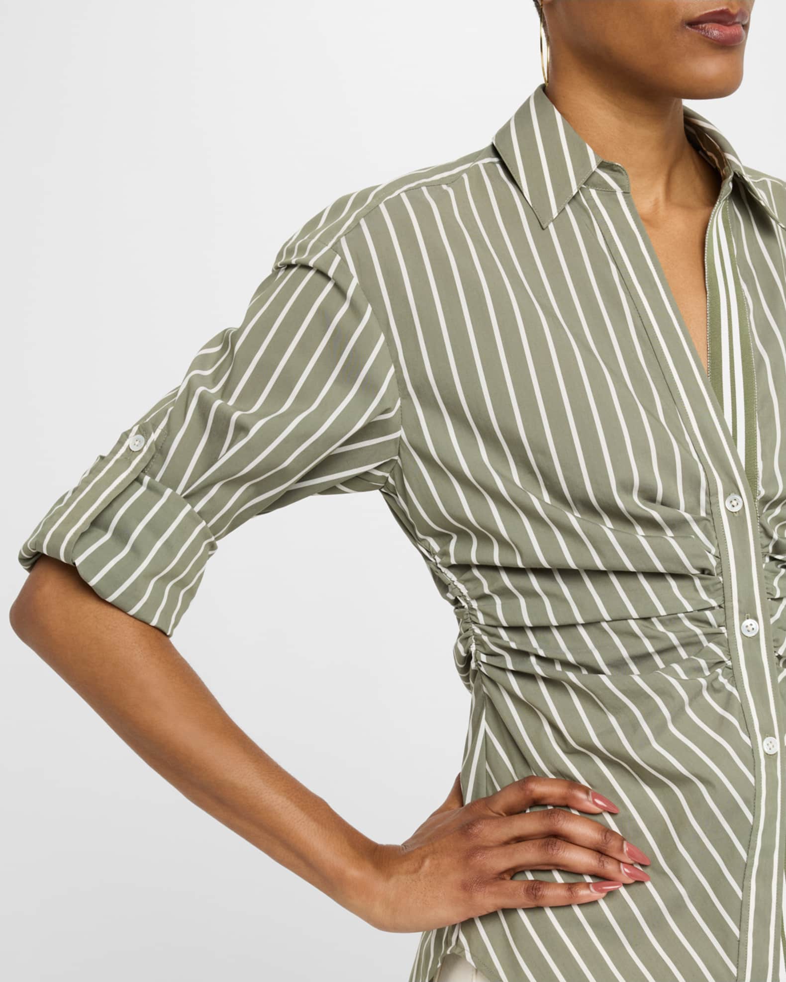 Veronica Beard Devra Stripe Long-Sleeve Gathered Top | Neiman Marcus