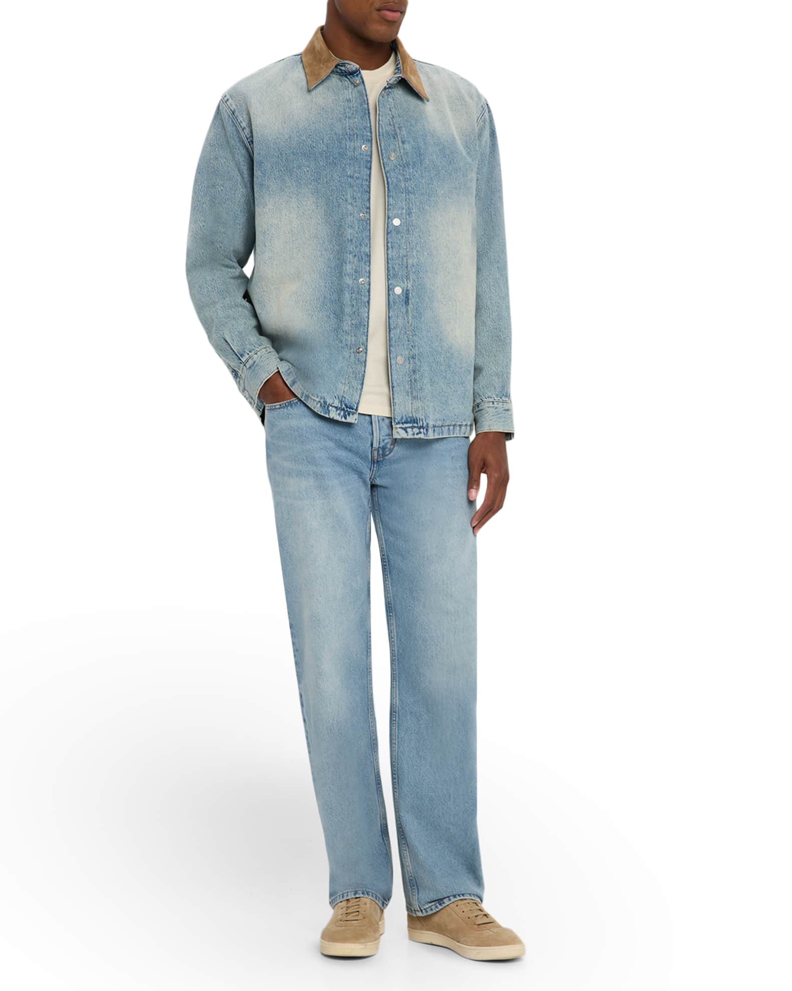 FRAME Men's Suede-Collar Denim Overshirt | Neiman Marcus
