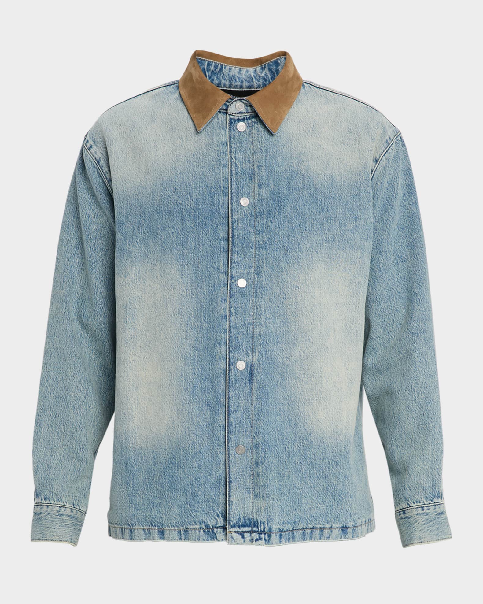 FRAME Men's Suede-Collar Denim Overshirt | Neiman Marcus
