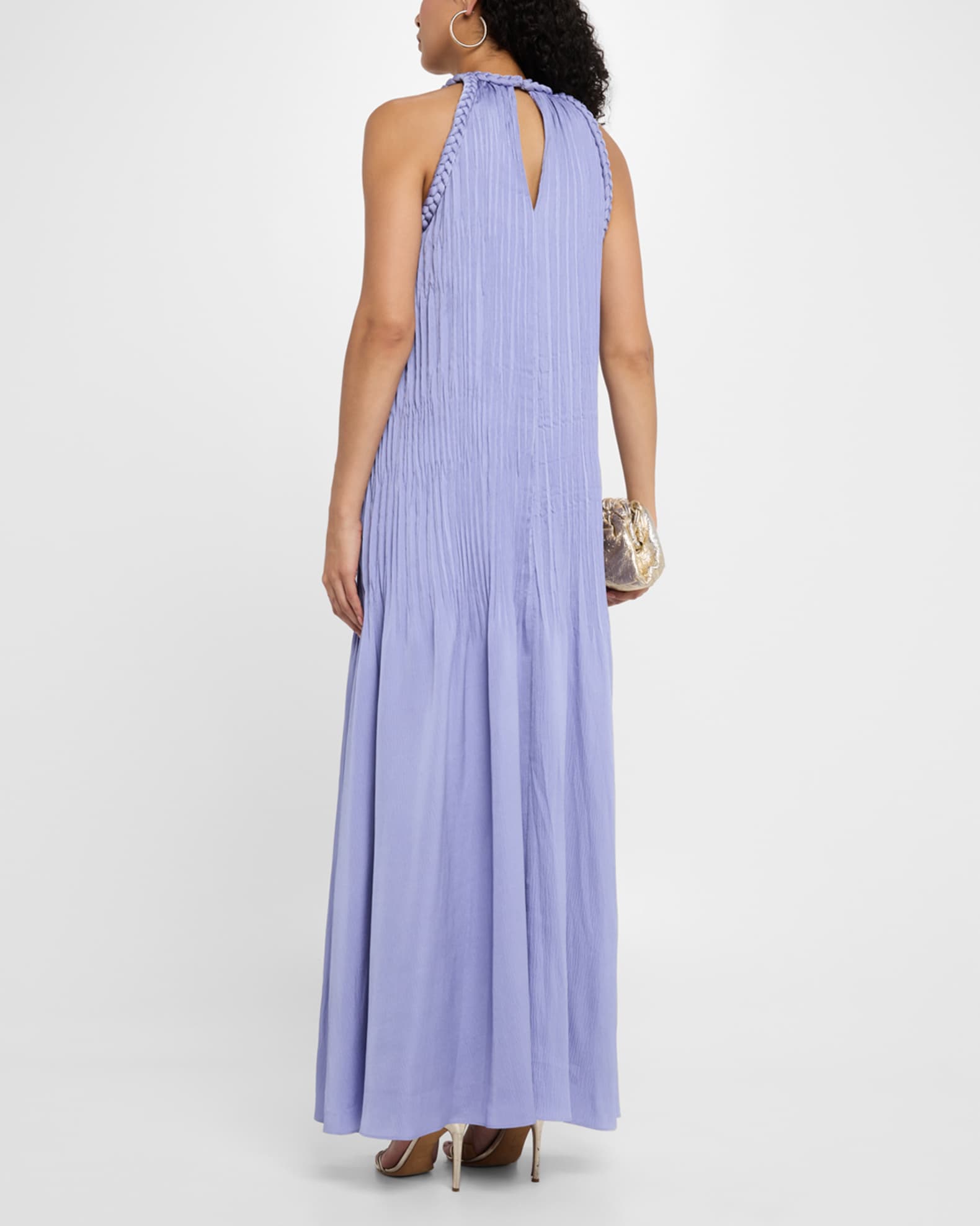 Ungaro Eva Braided-Trim Plisse Halter Maxi Dress | Neiman Marcus