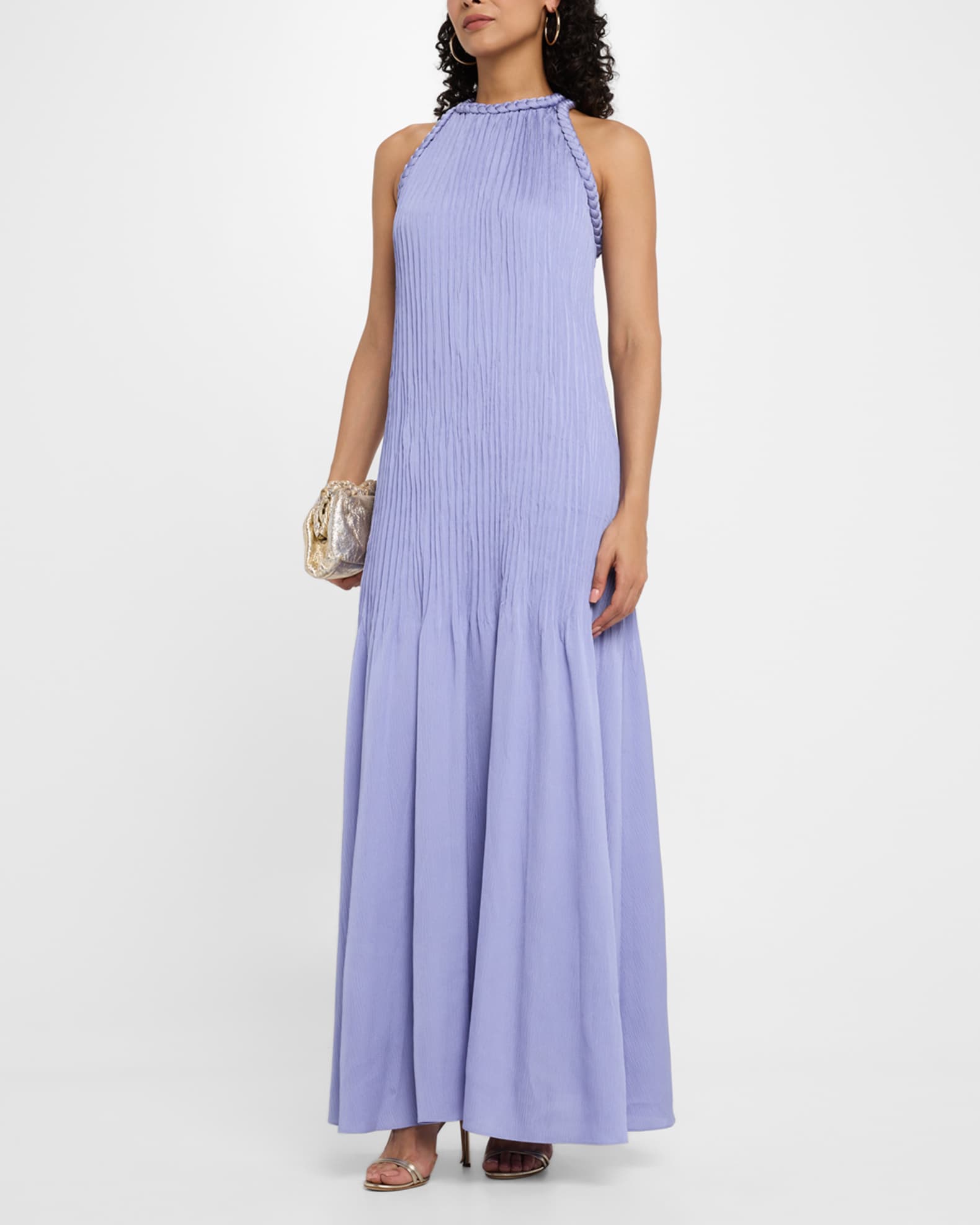 Ungaro Eva Braided-Trim Plisse Halter Maxi Dress | Neiman Marcus