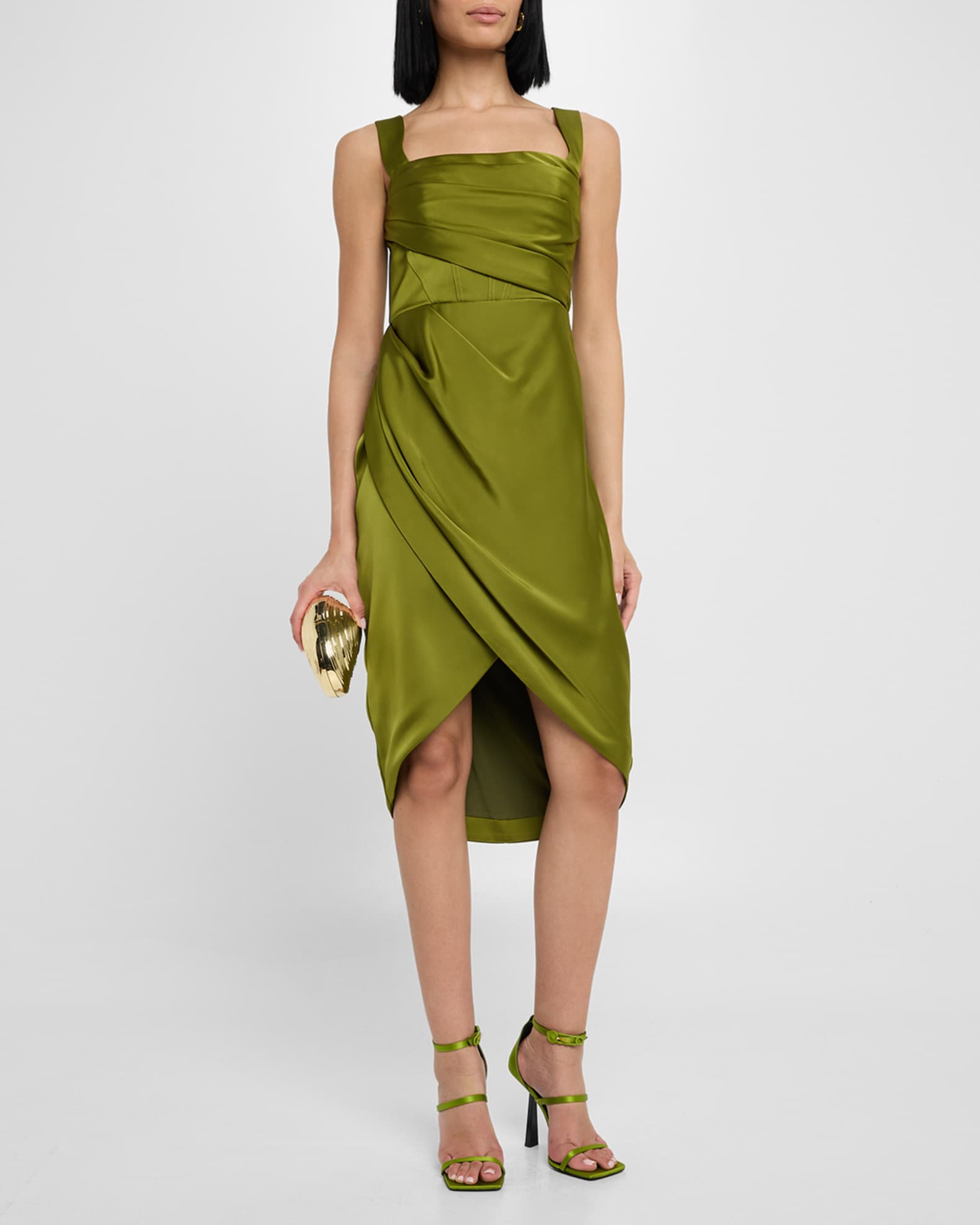 Theia Genevive Draped Square-Neck Satin Dress | Neiman Marcus