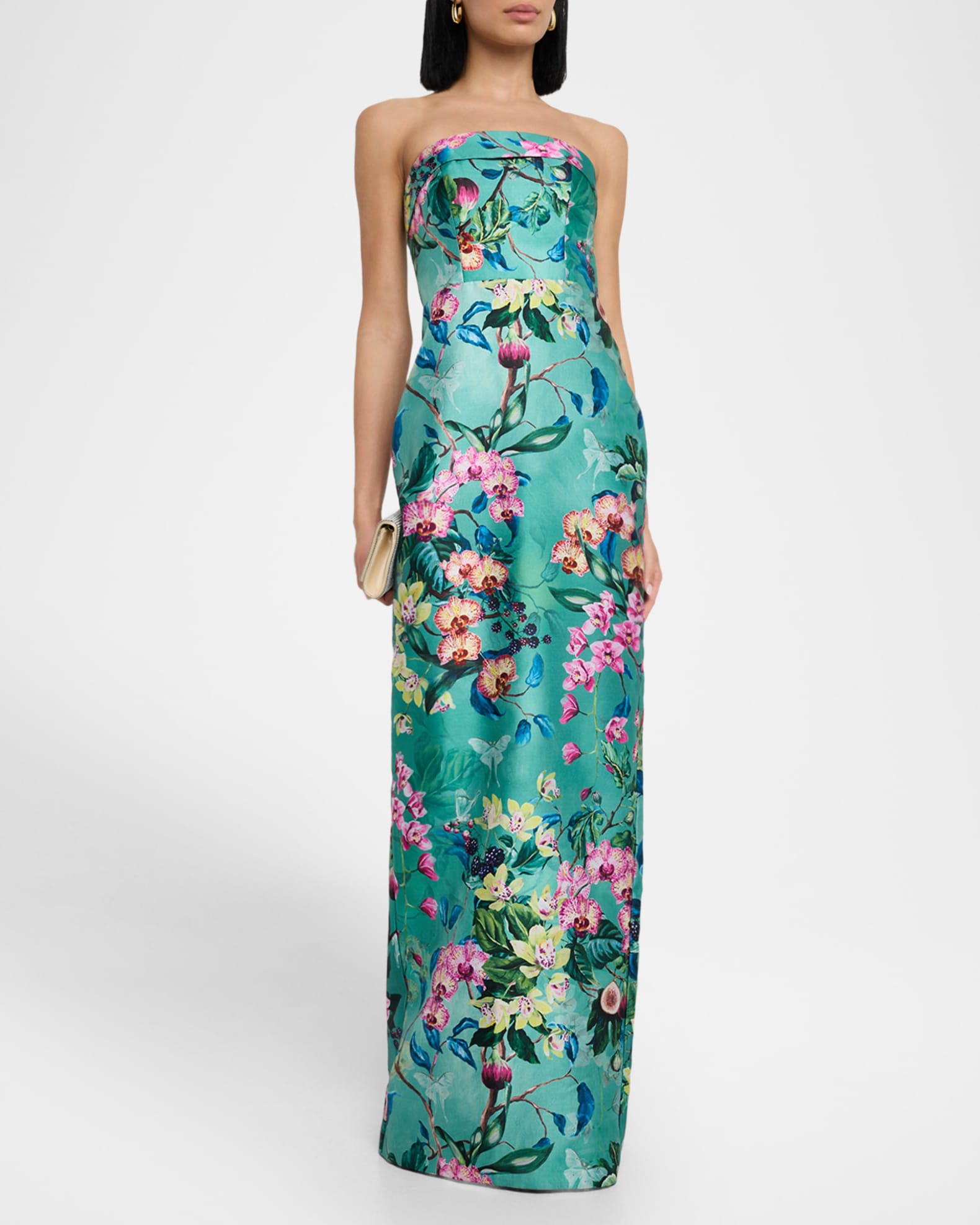 Theia Lulu Floral-Print Mikado Column Gown | Neiman Marcus