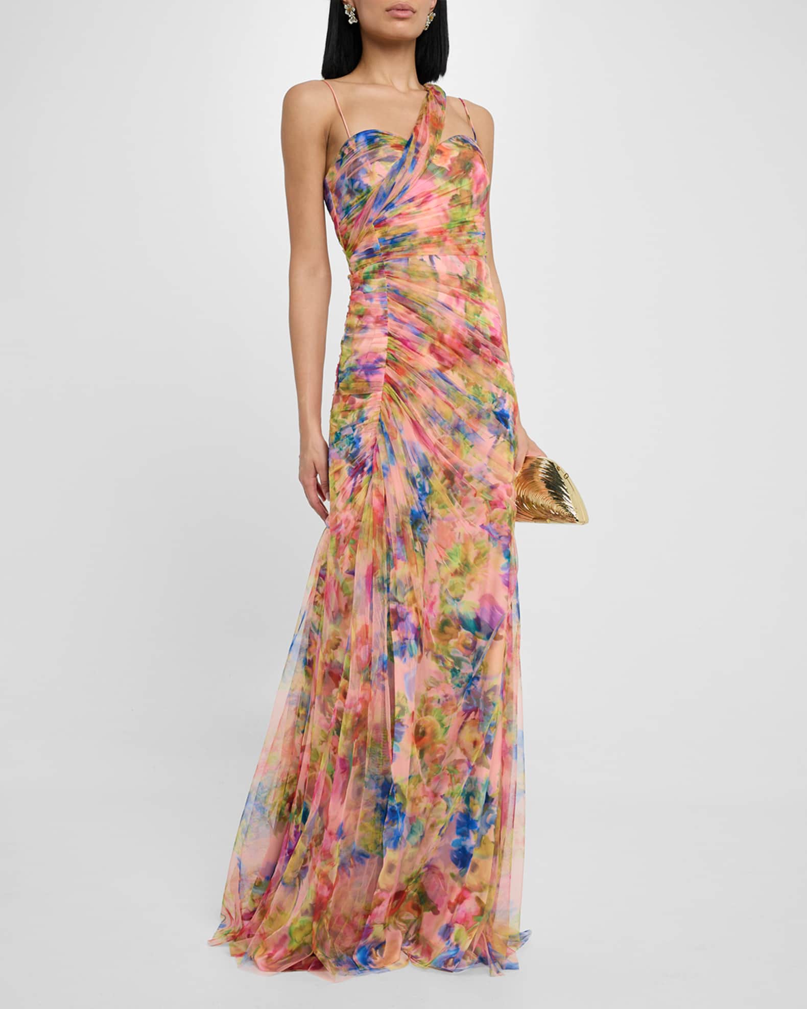 Theia Macie Ruched Floral-Print Tulle Gown | Neiman Marcus