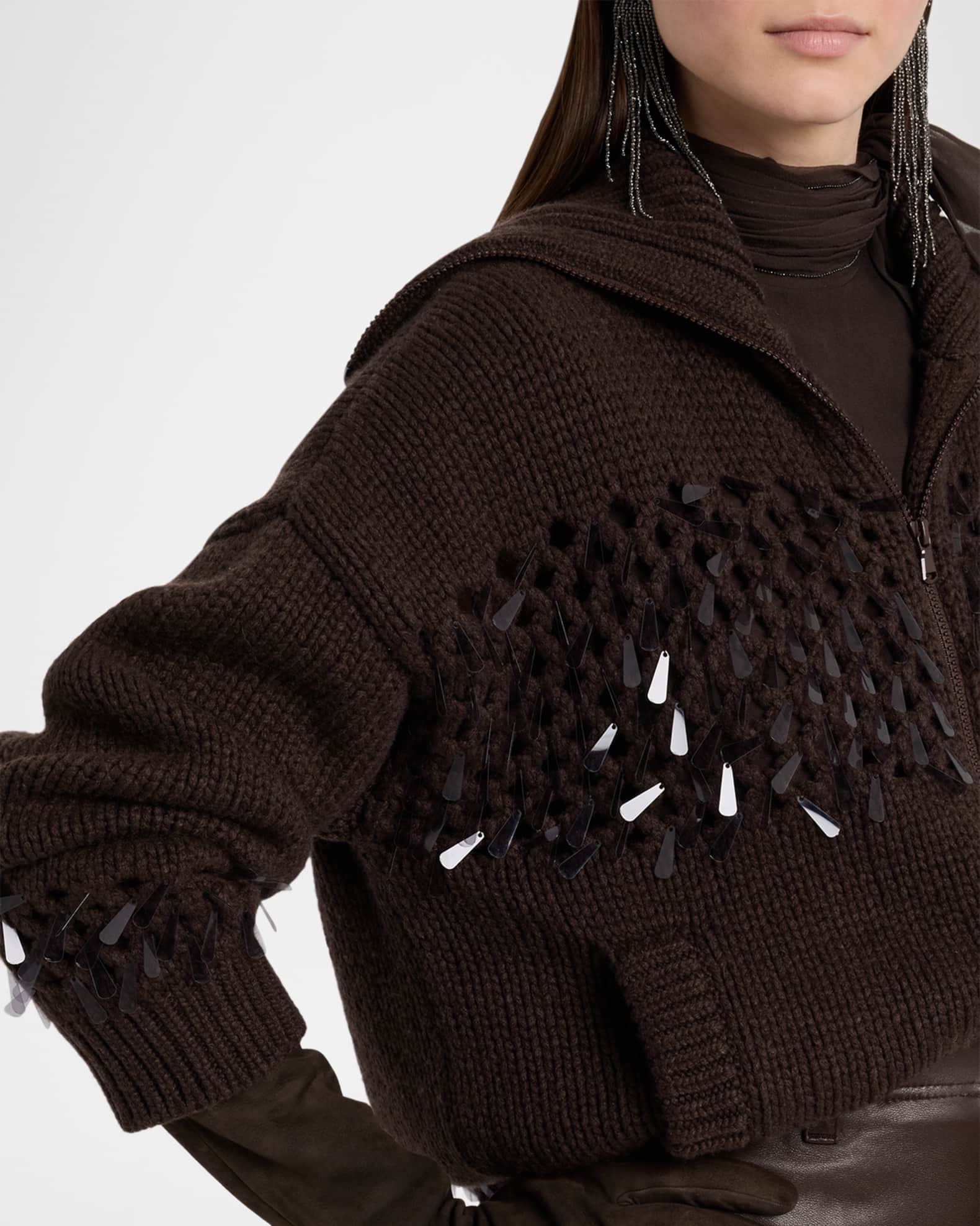 Brunello Cucinelli Sequined Net Stitch Cashmere Zip Cardigan | Neiman ...