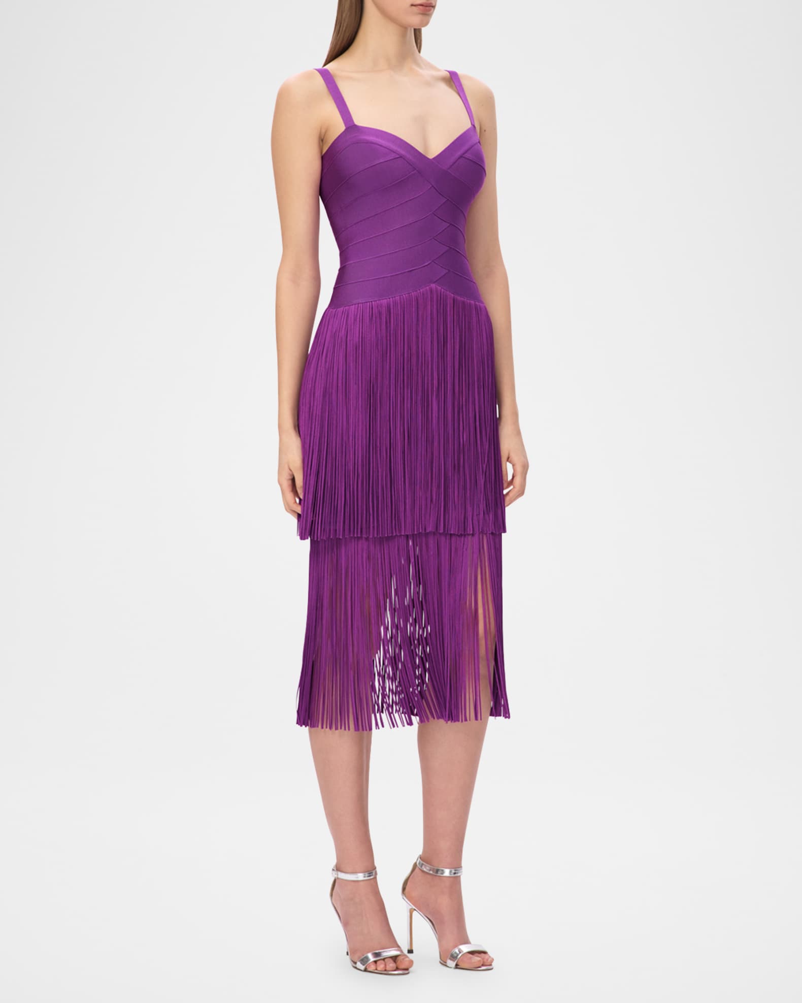 Herve Leger The Georgia Tiered Fringe Midi Dress | Neiman Marcus