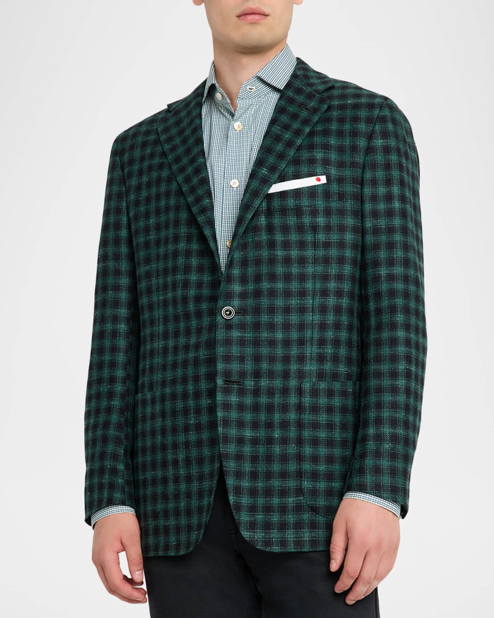 Kiton Men's Cashmere-Wool Green and Blue Check Sport Coat | Neiman Marcus