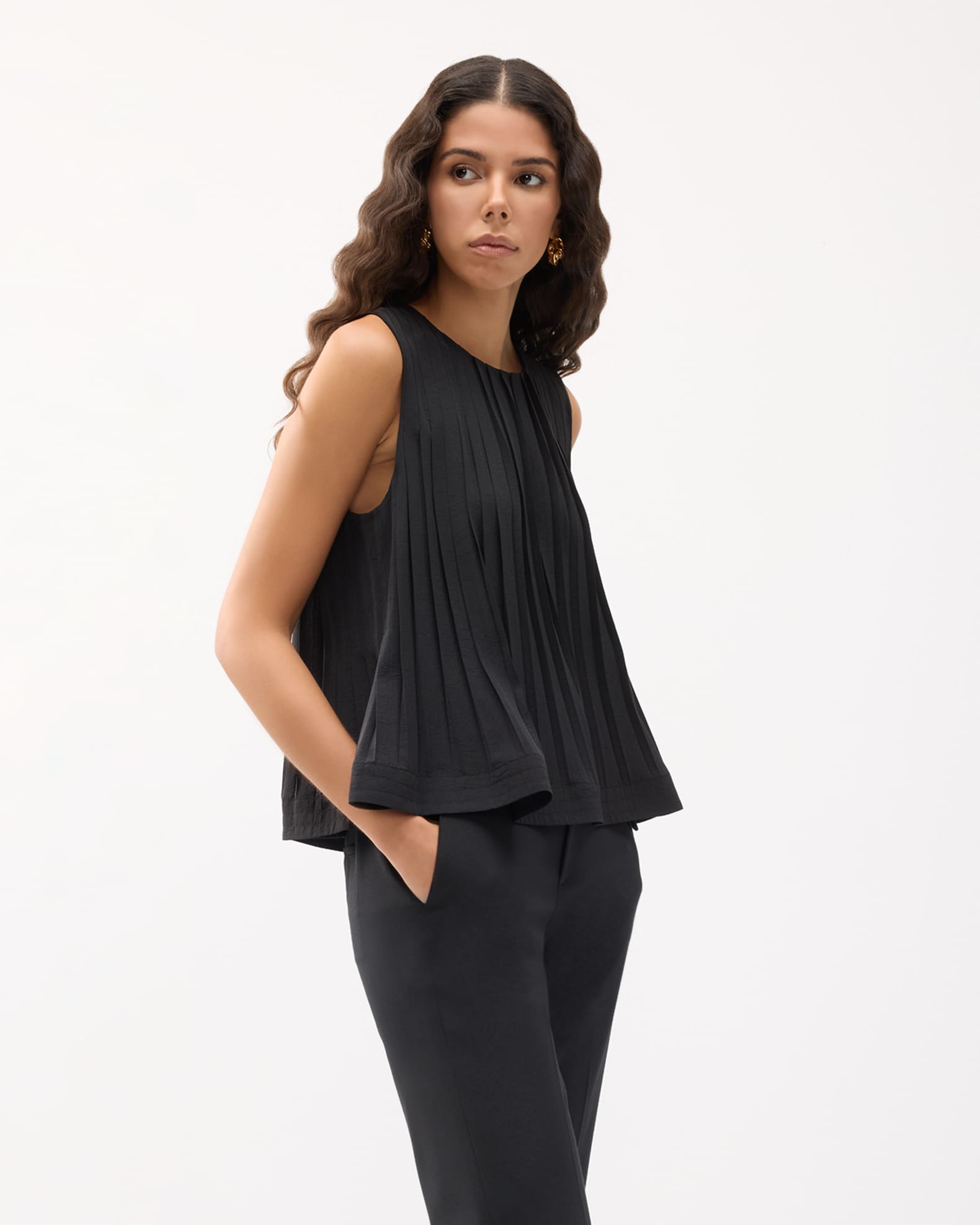 Vince Sleeveless Pleated A-Line Top | Neiman Marcus