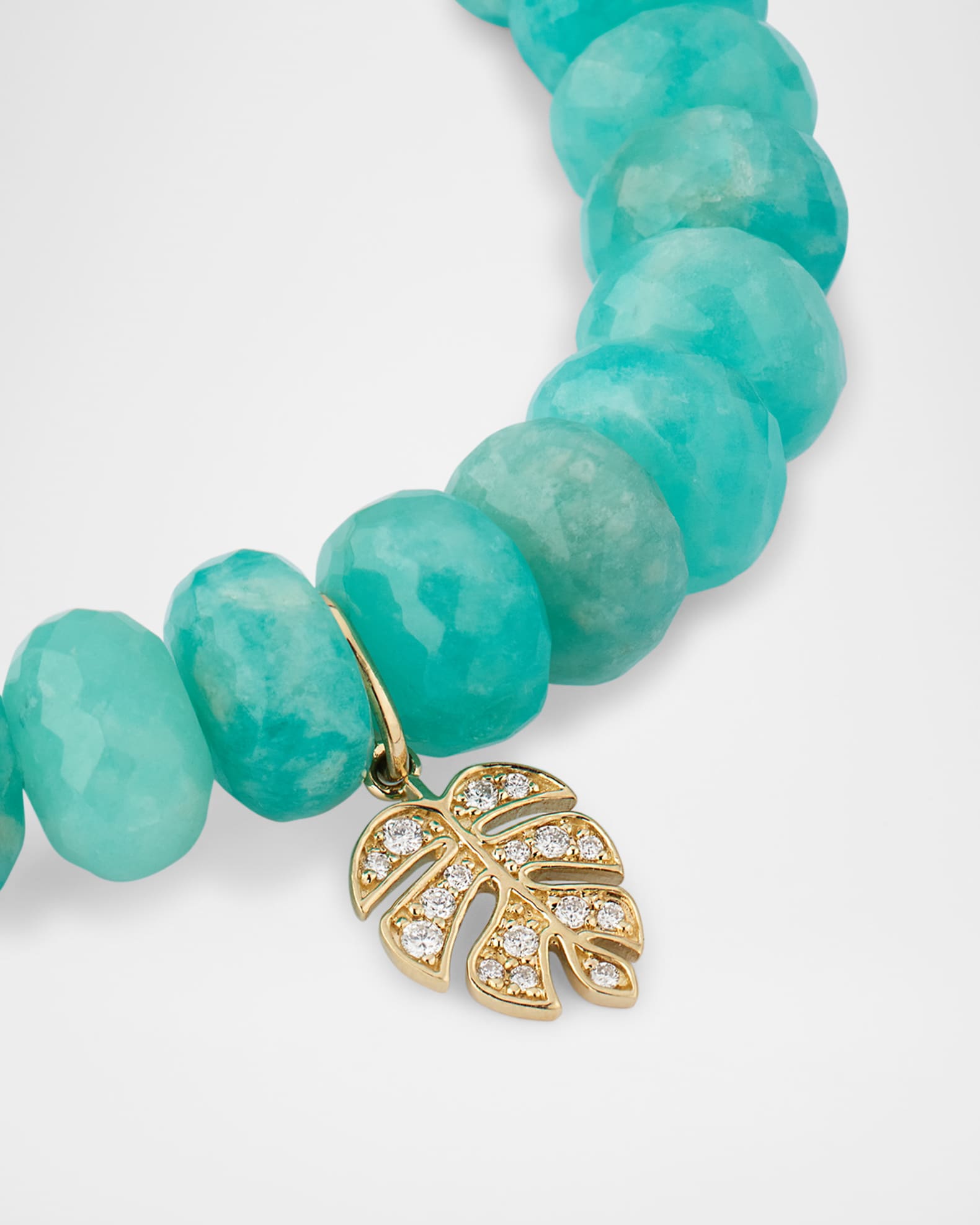Sydney Evan 14K Gold Diamond Pave Leaf Charm Amazonite Beaded Bracelet ...