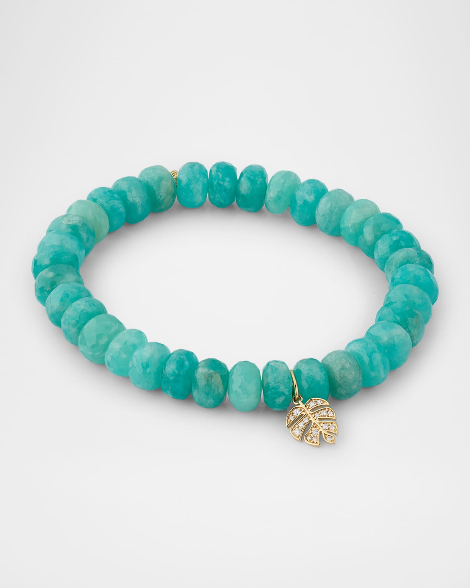 Sydney Evan 14K Gold Diamond Pave Leaf Charm Amazonite Beaded Bracelet ...