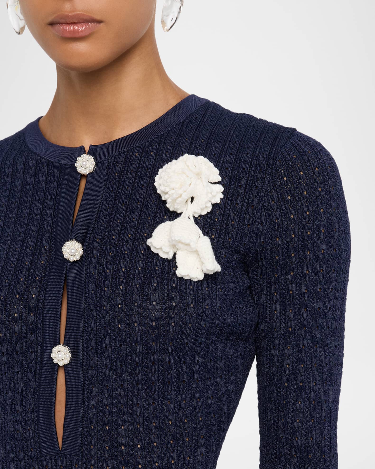 Self-Portrait Pointelle Knit Flower Mini Dress | Neiman Marcus